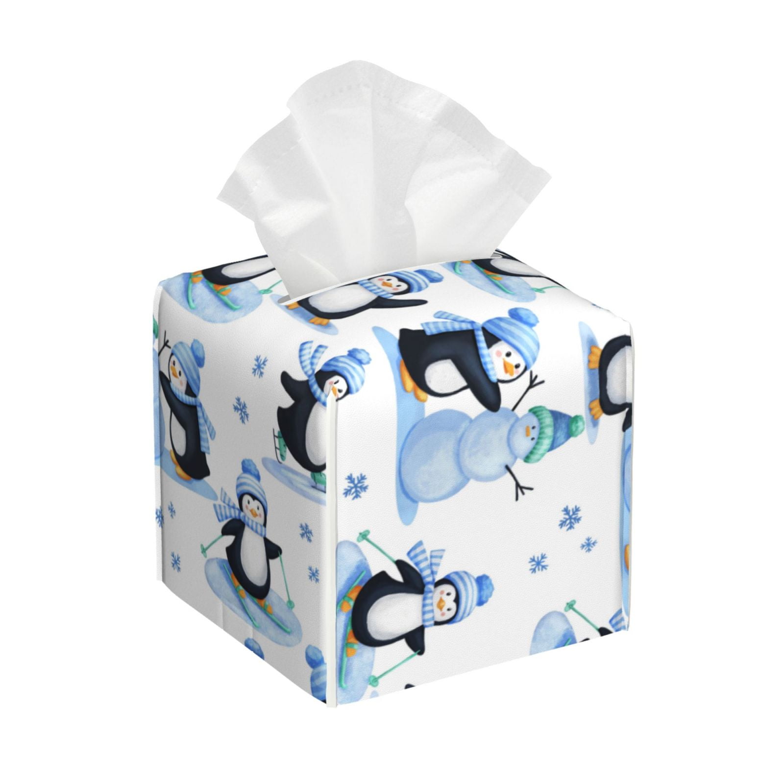 Gukieu Playful Penguins and Snowmen Print Leather Tissue Box, PVC ...