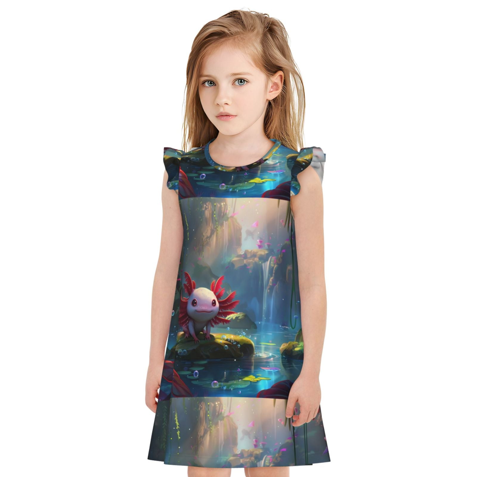 Gukieu Pond Cute Axolotl Print Girls' Flying Sleeves Nightdress, Round ...
