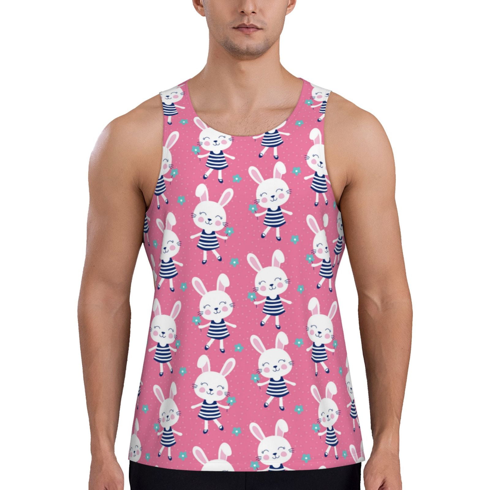 Gukieu Rabbit Holding Flowers Print Men's Quick Dry Fitness Vest, Round ...