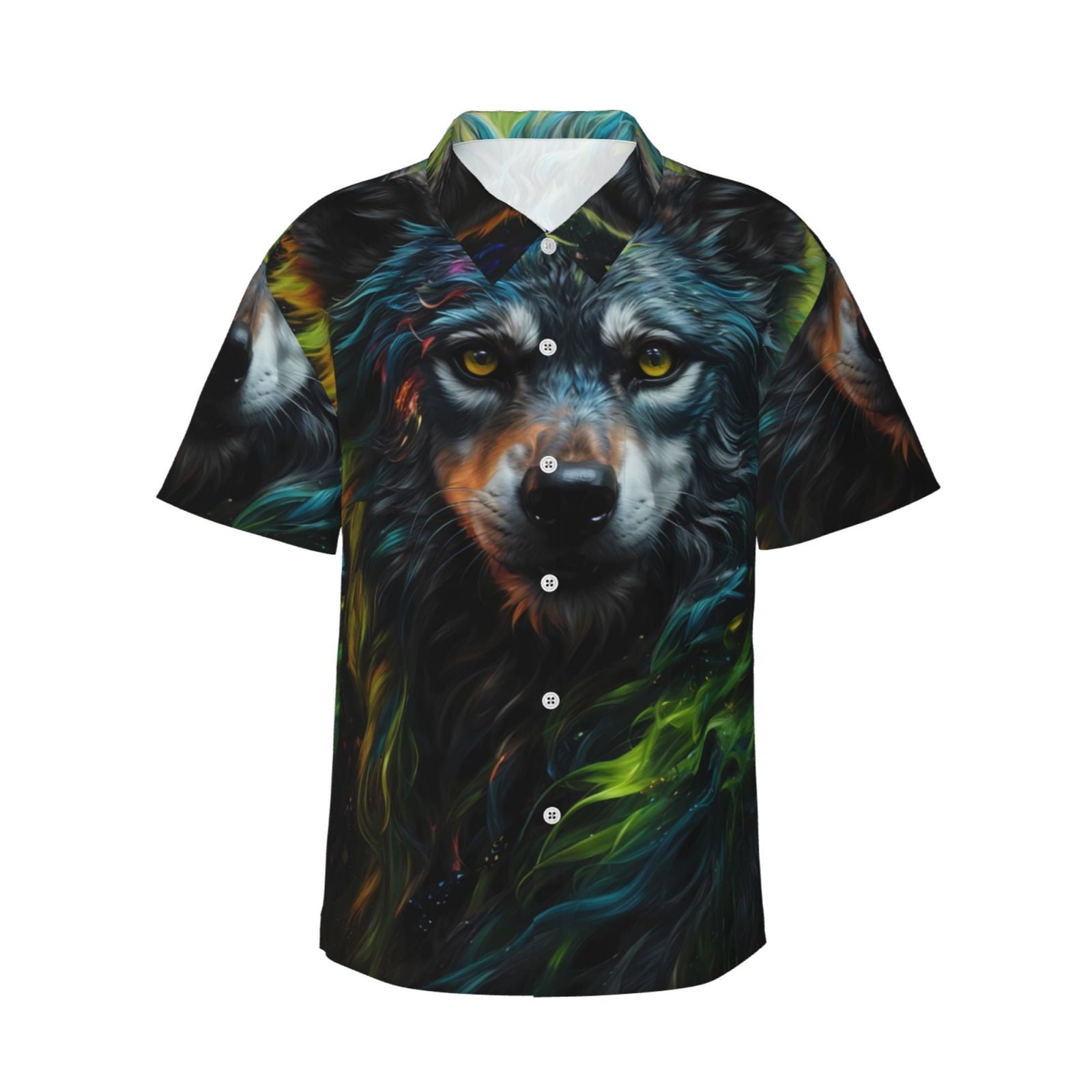Gukieu Realistic Style Green Fur Wolf Print Men's Short-sleeved Shirts ...
