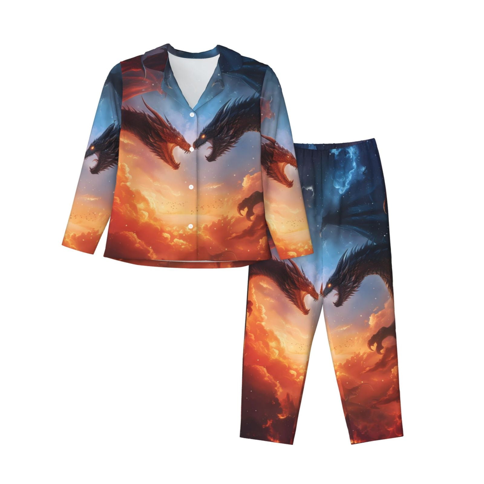 Gukieu Red And Blue Fire Cloud Dragon Print Women's Long Sleeve Pajama ...