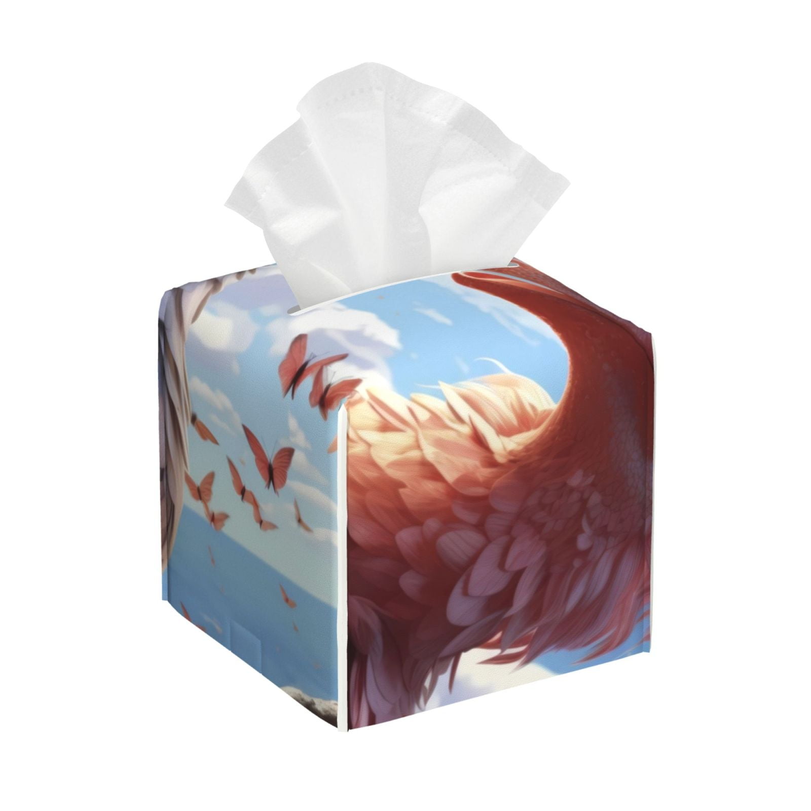 Gukieu Red And White Bird Couple Print Leather Tissue Box, PVC Waterproof Velcro Opening and ...