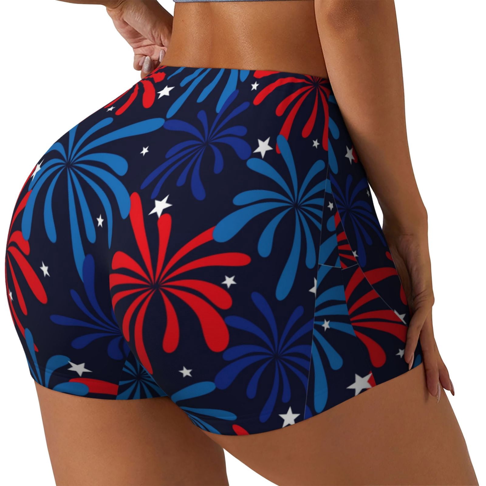 Gukieu Red White Blue Fireworks Print Women's Sports Shorts, Elastic ...
