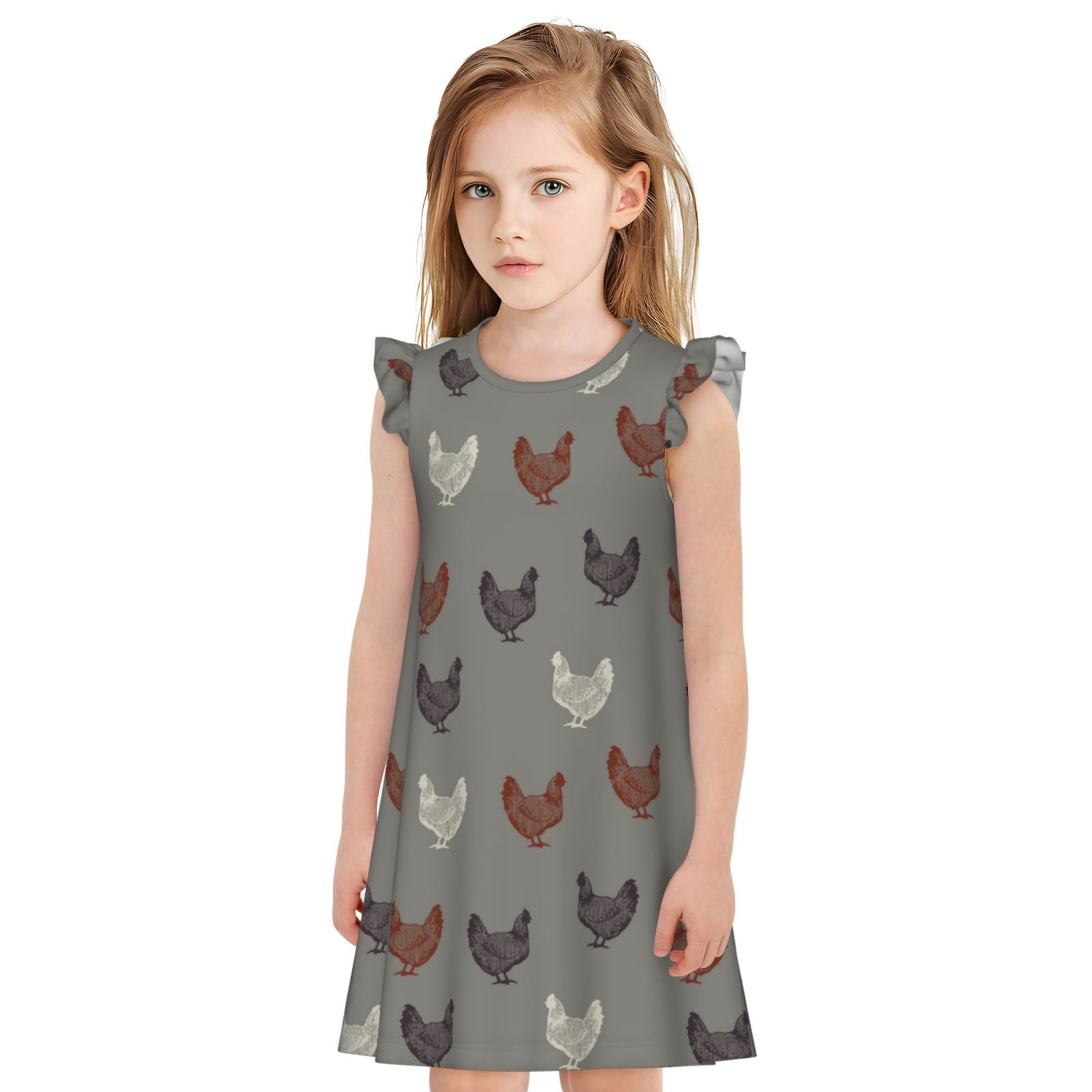 Gukieu Rooster Print Girls' Flying Sleeves Nightdress, Round Neck ...