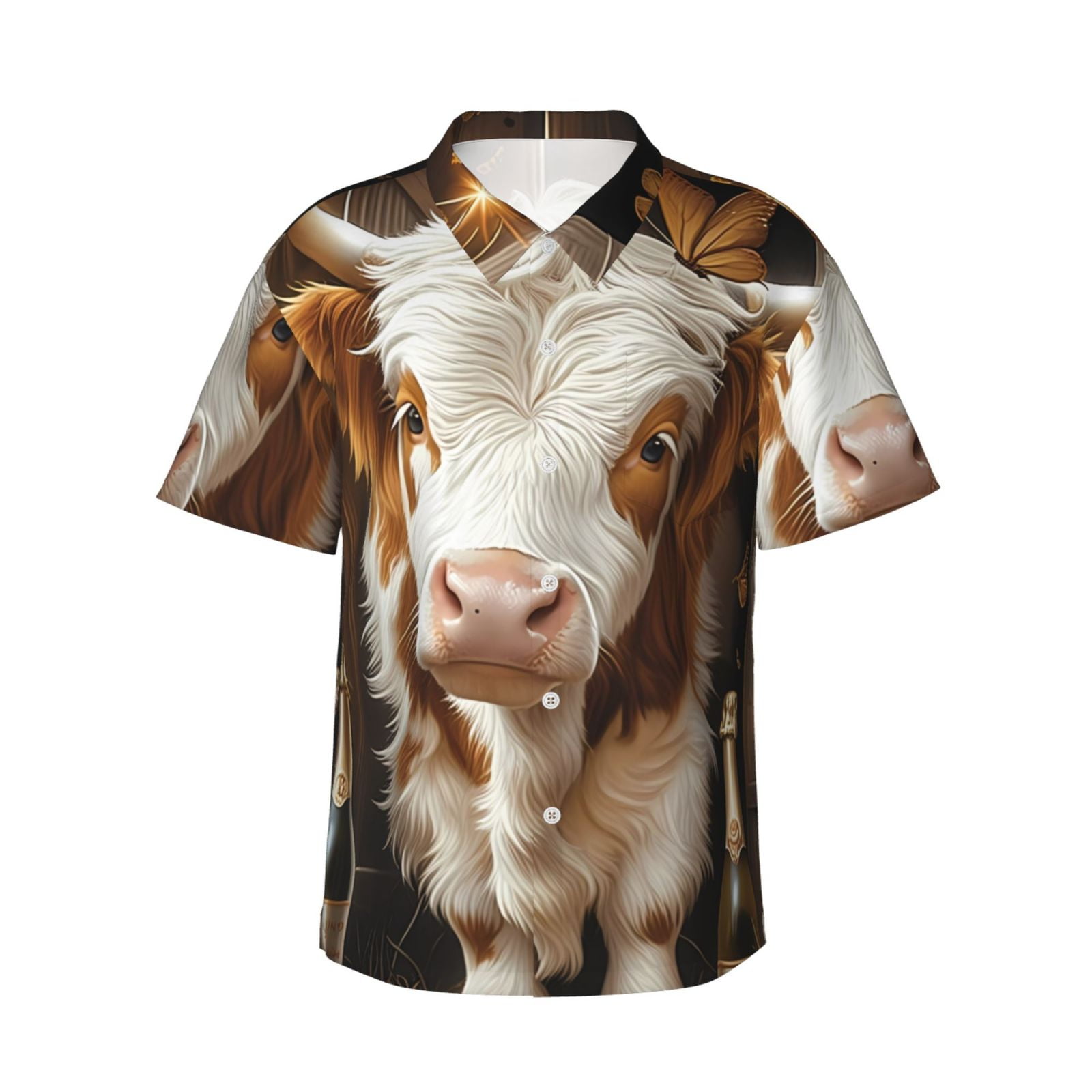 Gukieu Rustic Cow Butterflies Champagne Print Men's Short-sleeved Shirts, Button-down Lapel ...