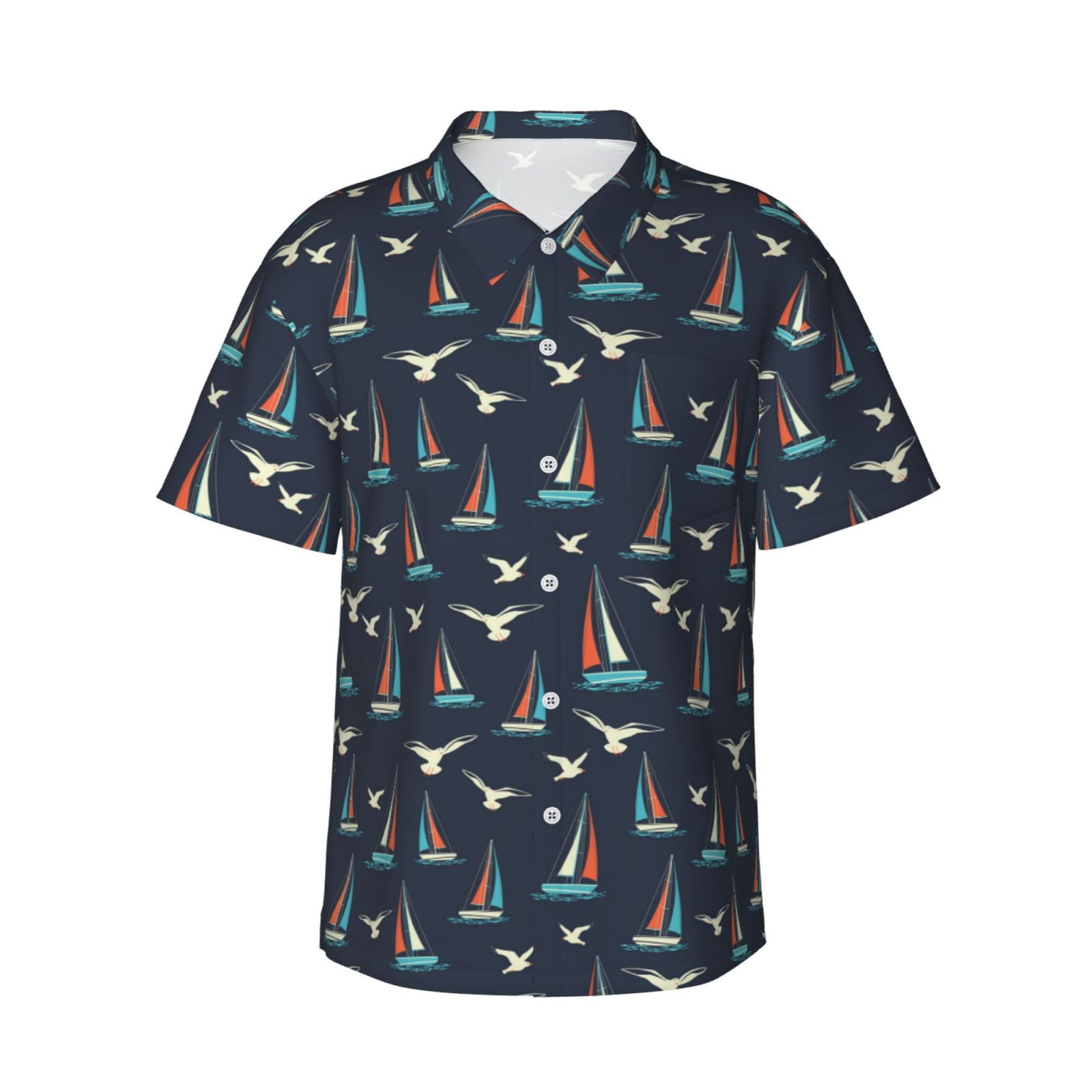 Gukieu Sailboat And Seagull Print Men's Short-sleeved Shirts, Button ...