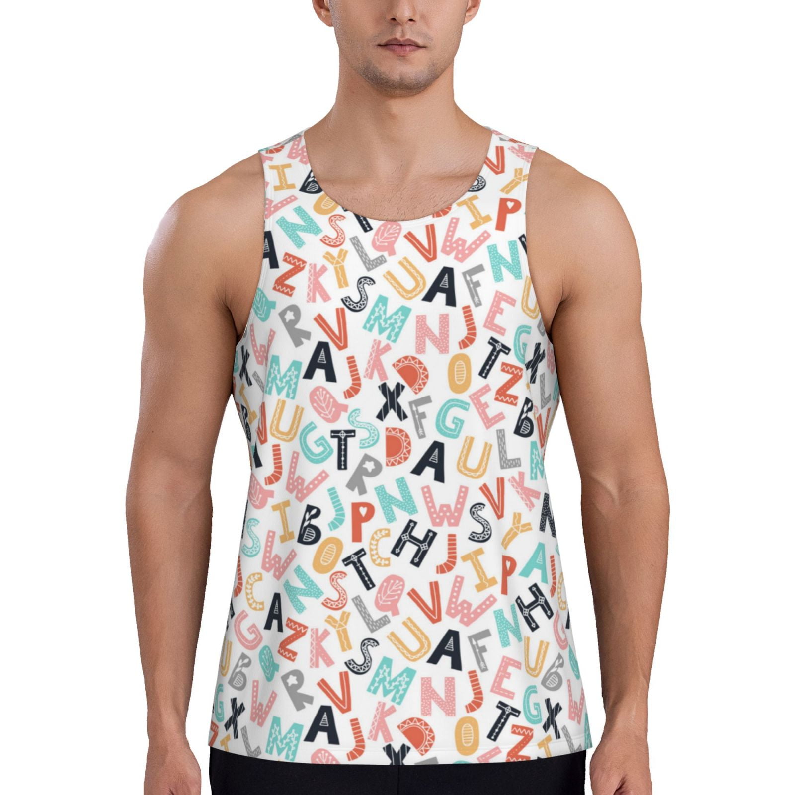 Gukieu Scandinavian Alphabet1 Print Men's Quick Dry Fitness Vest, Round ...