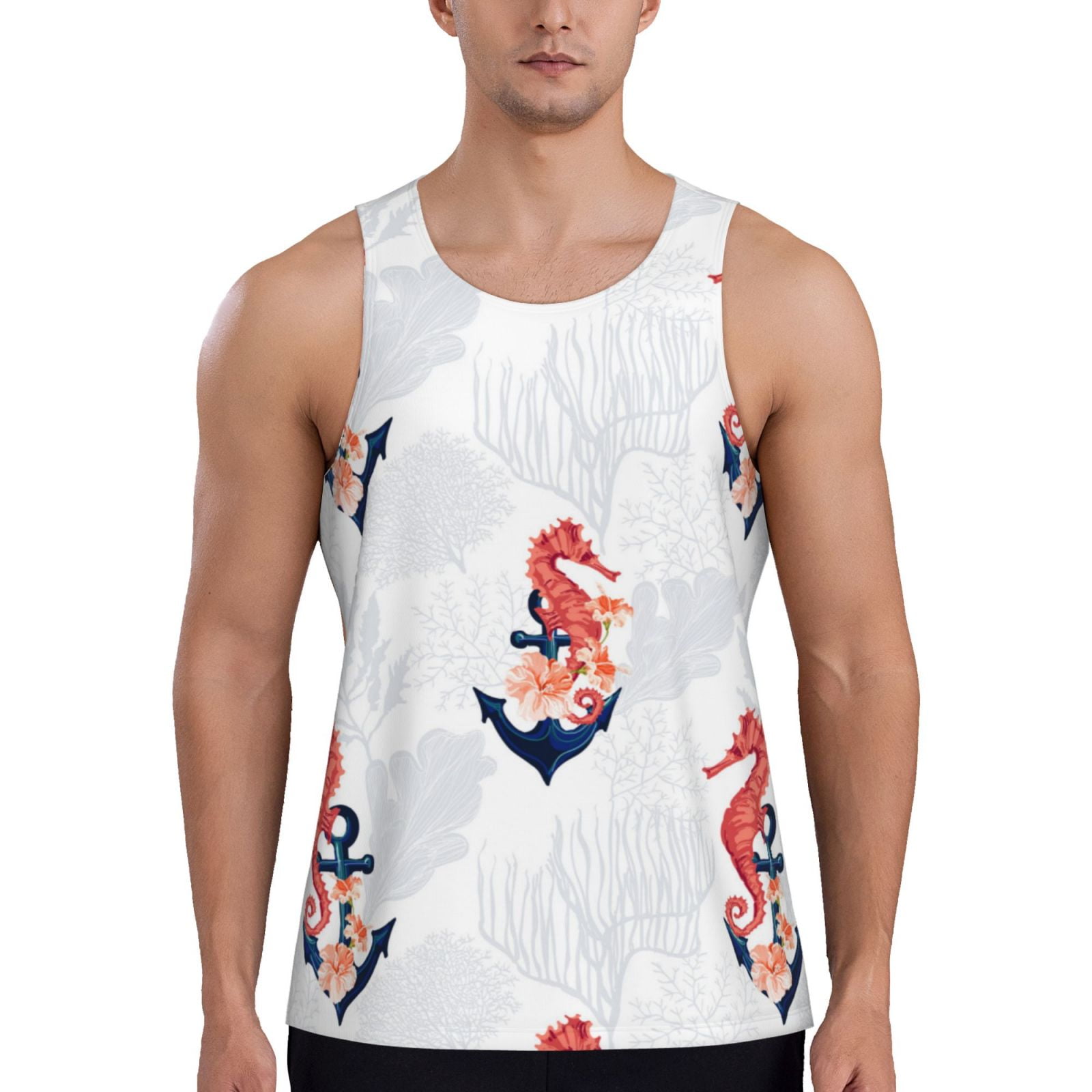 Gukieu Sea Horse And Corals1 Print Men's Quick Dry Fitness Vest, Round ...