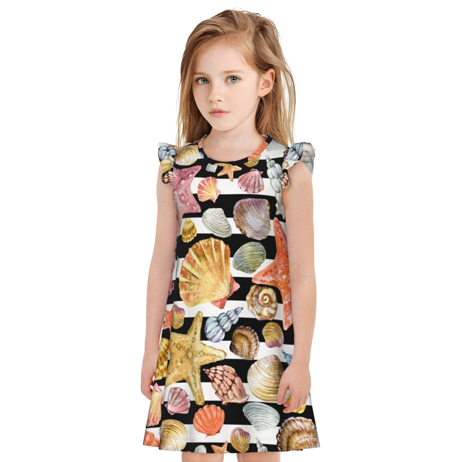 Gukieu Sea Shell Print Girls' Flying Sleeves Nightdress, Round Neck ...