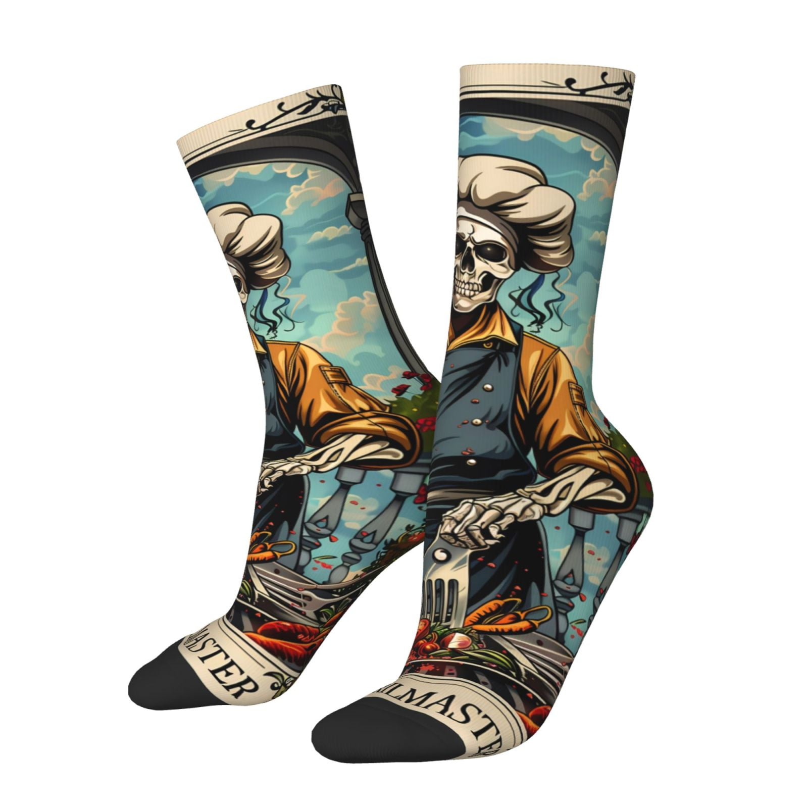 Gukieu Skeleton Chef BBQ Scene Print Contrast Color Mid-calf Socks ...