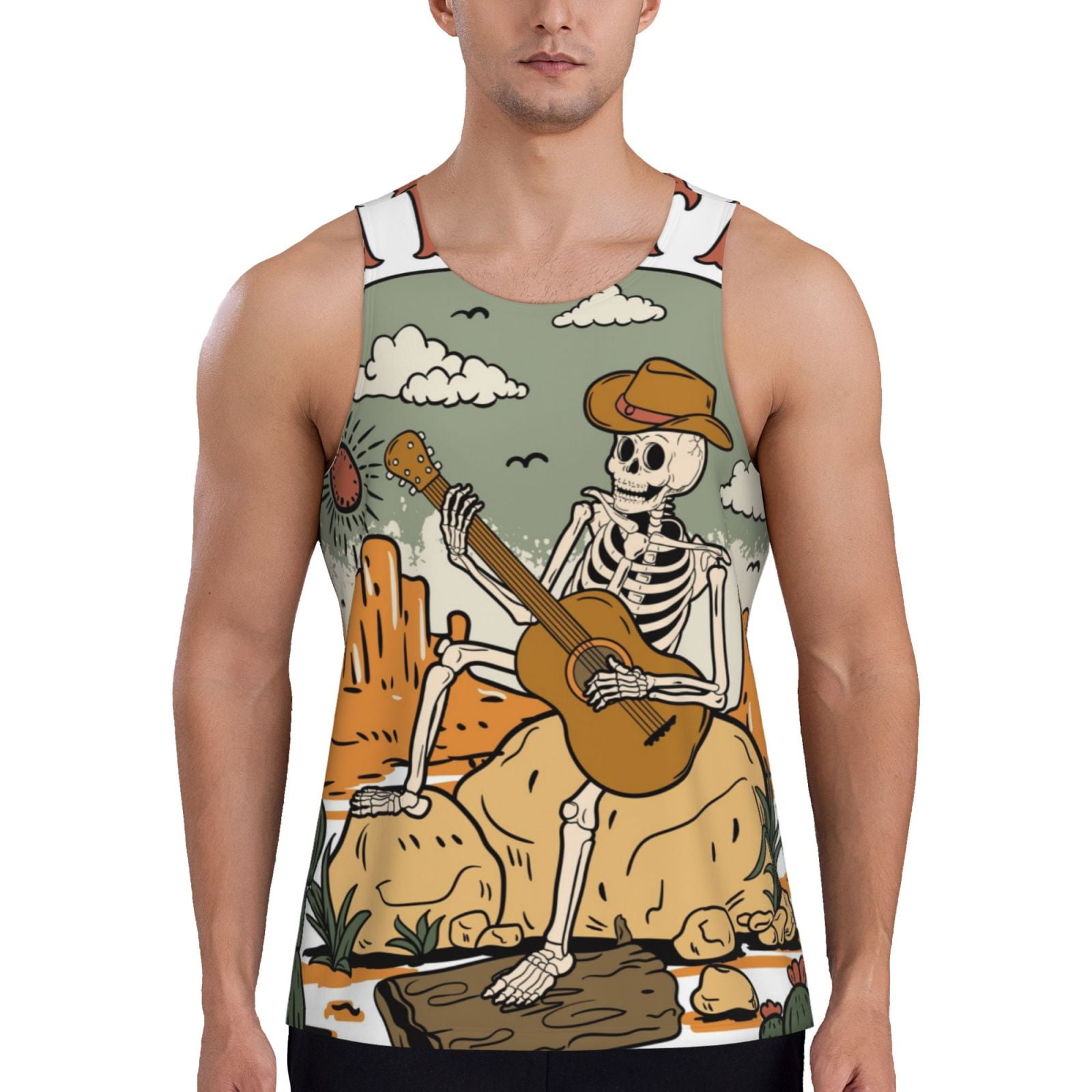 Gukieu Skeleton Cowboy And Guitar Print Men's Quick Dry Fitness Vest ...