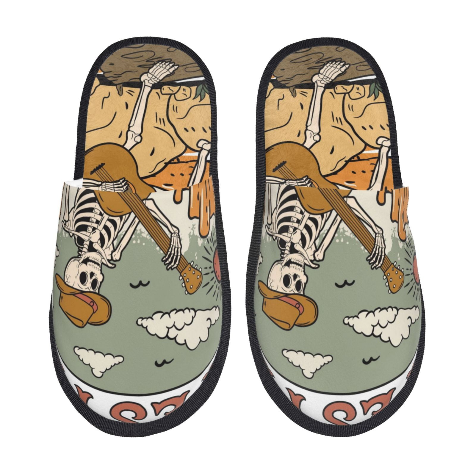 Gukieu Skeleton Cowboy And Guitar Print Plush House Slippers, EVA Warm ...