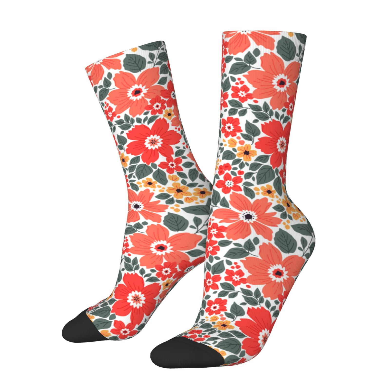 Gukieu Small Coral Red Flowers Print Contrast Color Mid-calf Socks ...