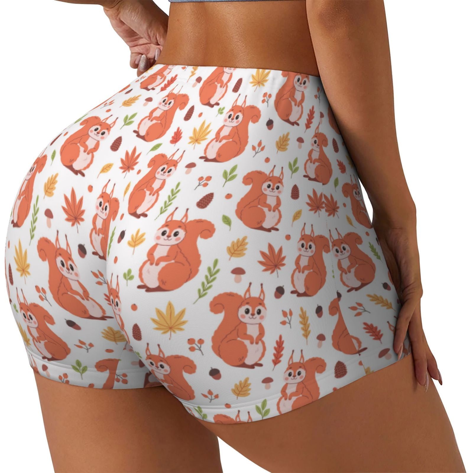 Gukieu Squirrel And Maple Leaf Print Women's Sports Shorts, Elastic Waist High Stretch Running ...