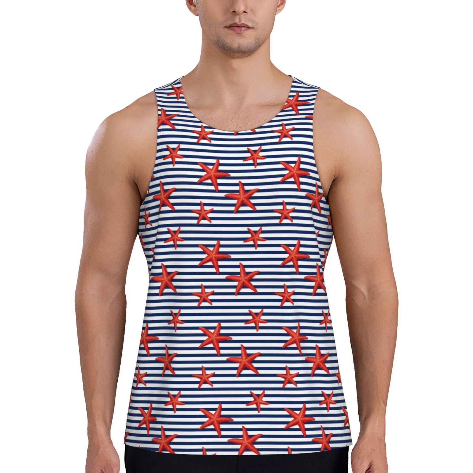 Gukieu Starfish Navy Blue Stripe Print Men's Quick Dry Fitness Vest ...