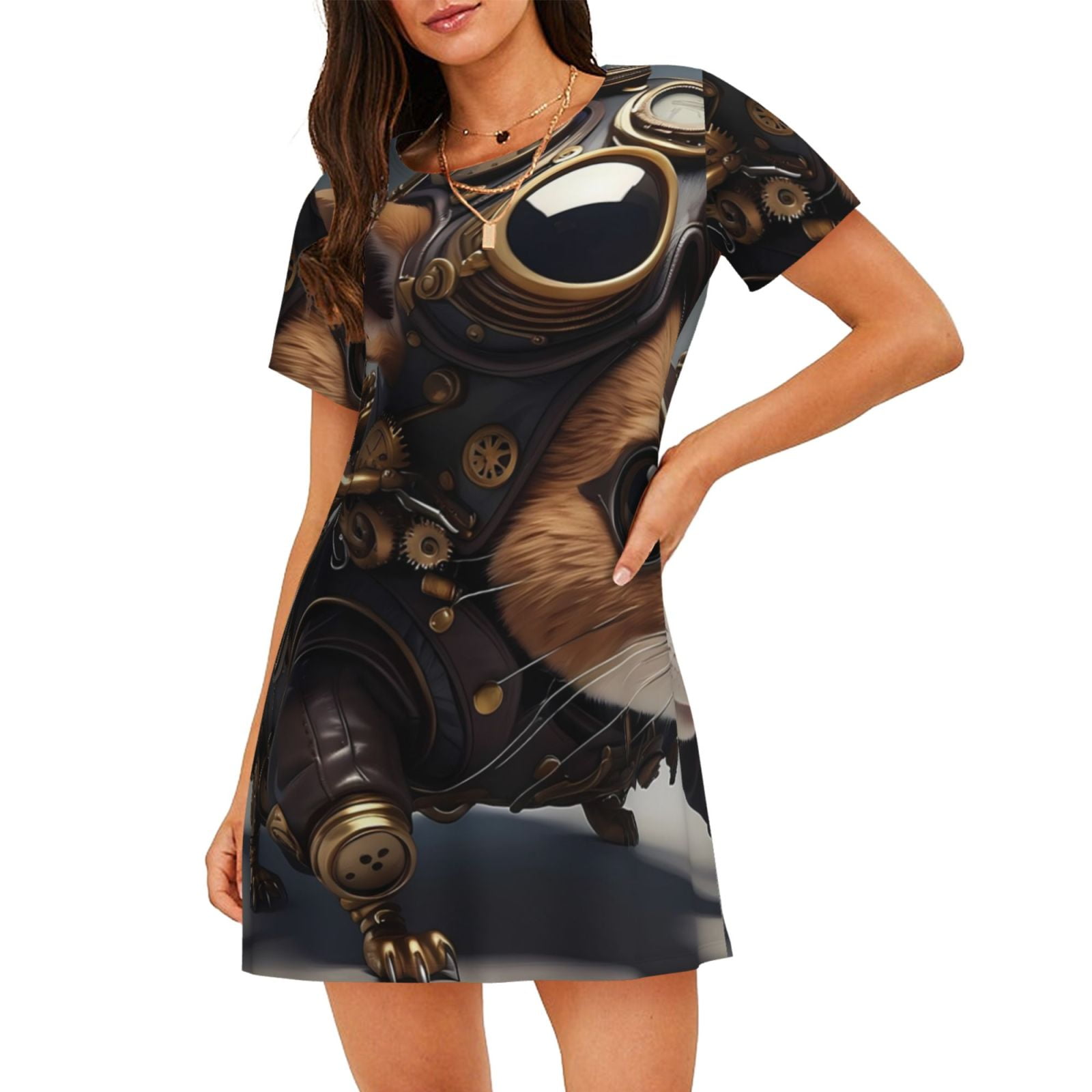 Gukieu Steampunk Squirrel Pilot Print Women's Nightgown, A-line Round ...