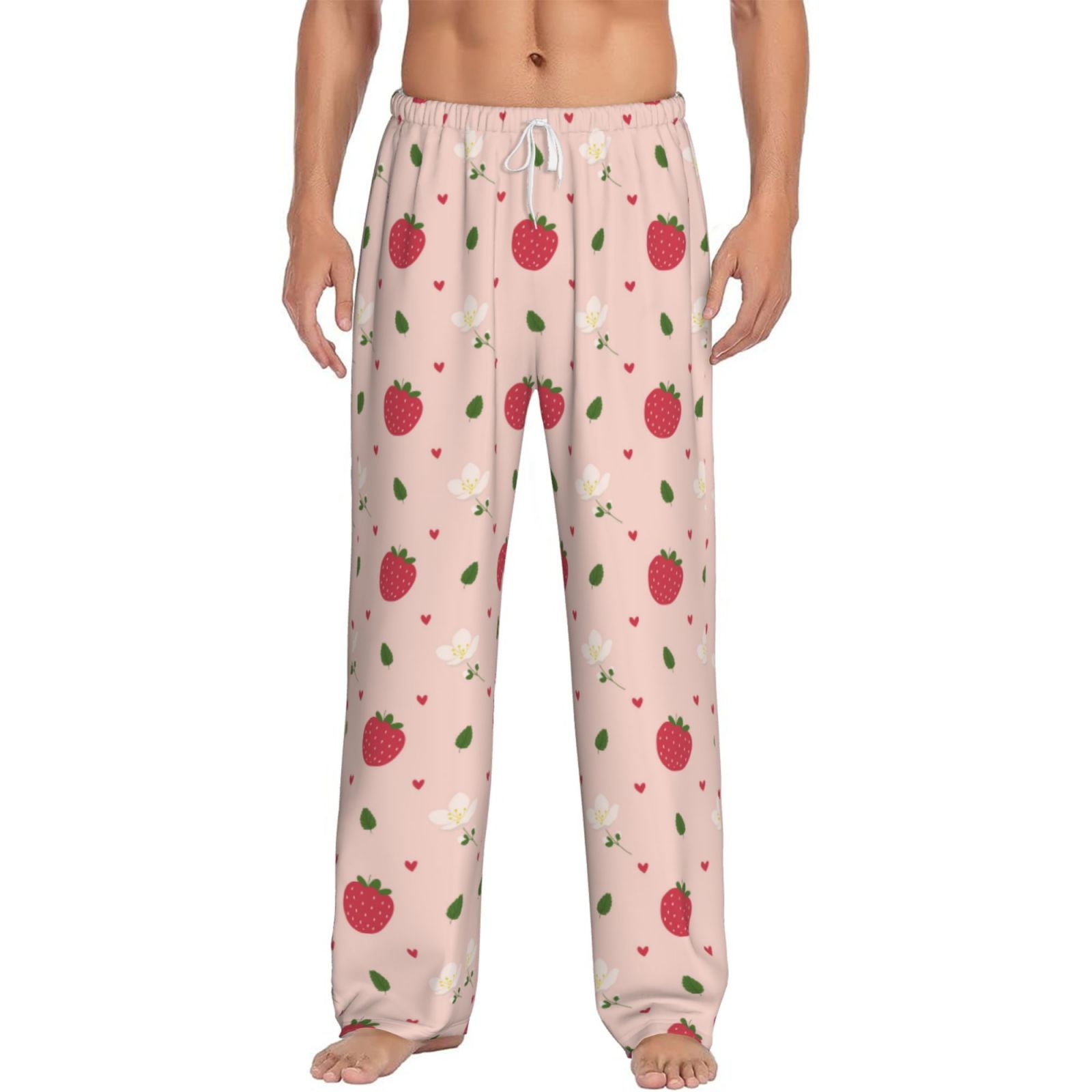 Gukieu Strawberry Print Men's Home Trousers, Elastic Drawstring Home ...