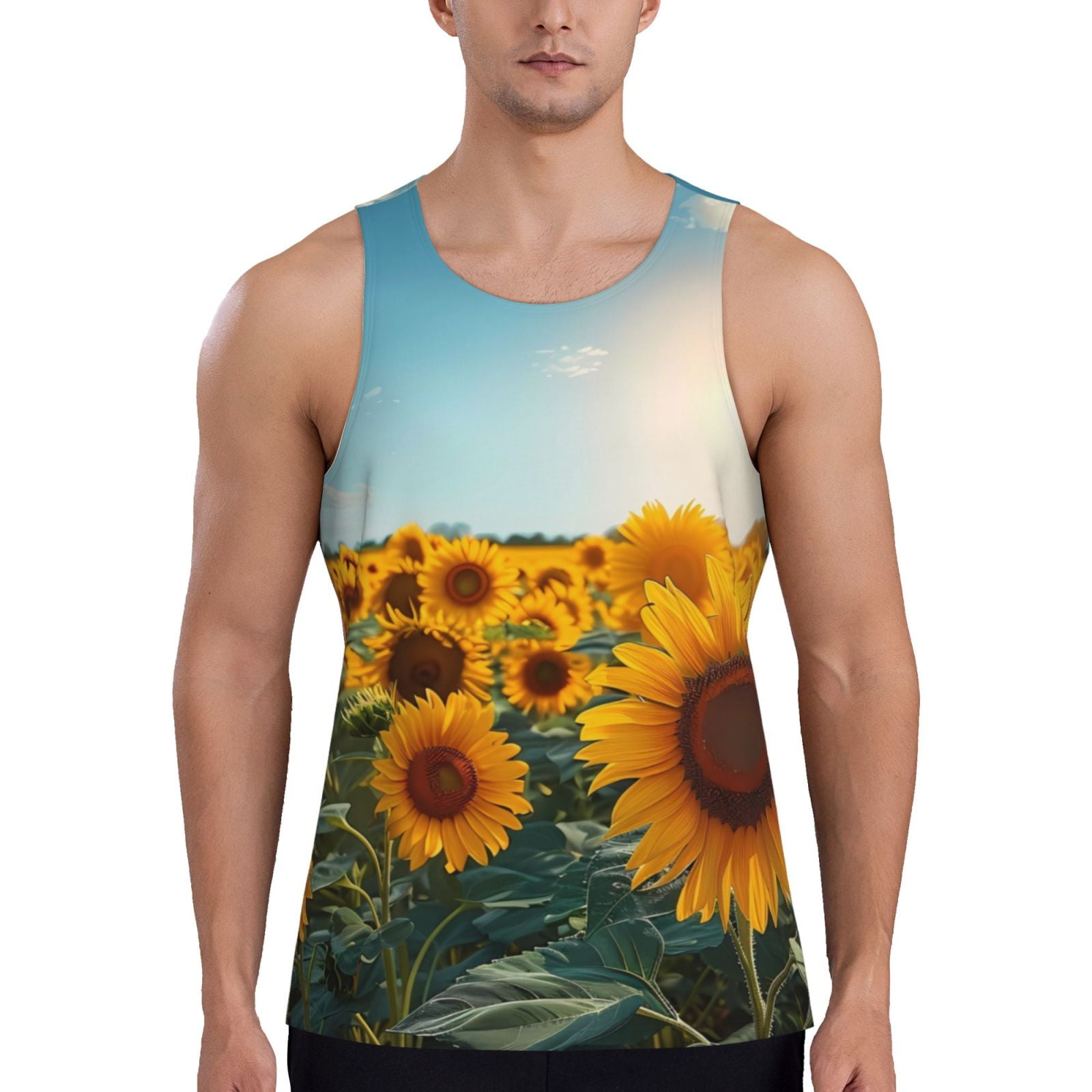 Gukieu Sunlit Sunflower Field Print Men's Quick Dry Fitness Vest, Round ...