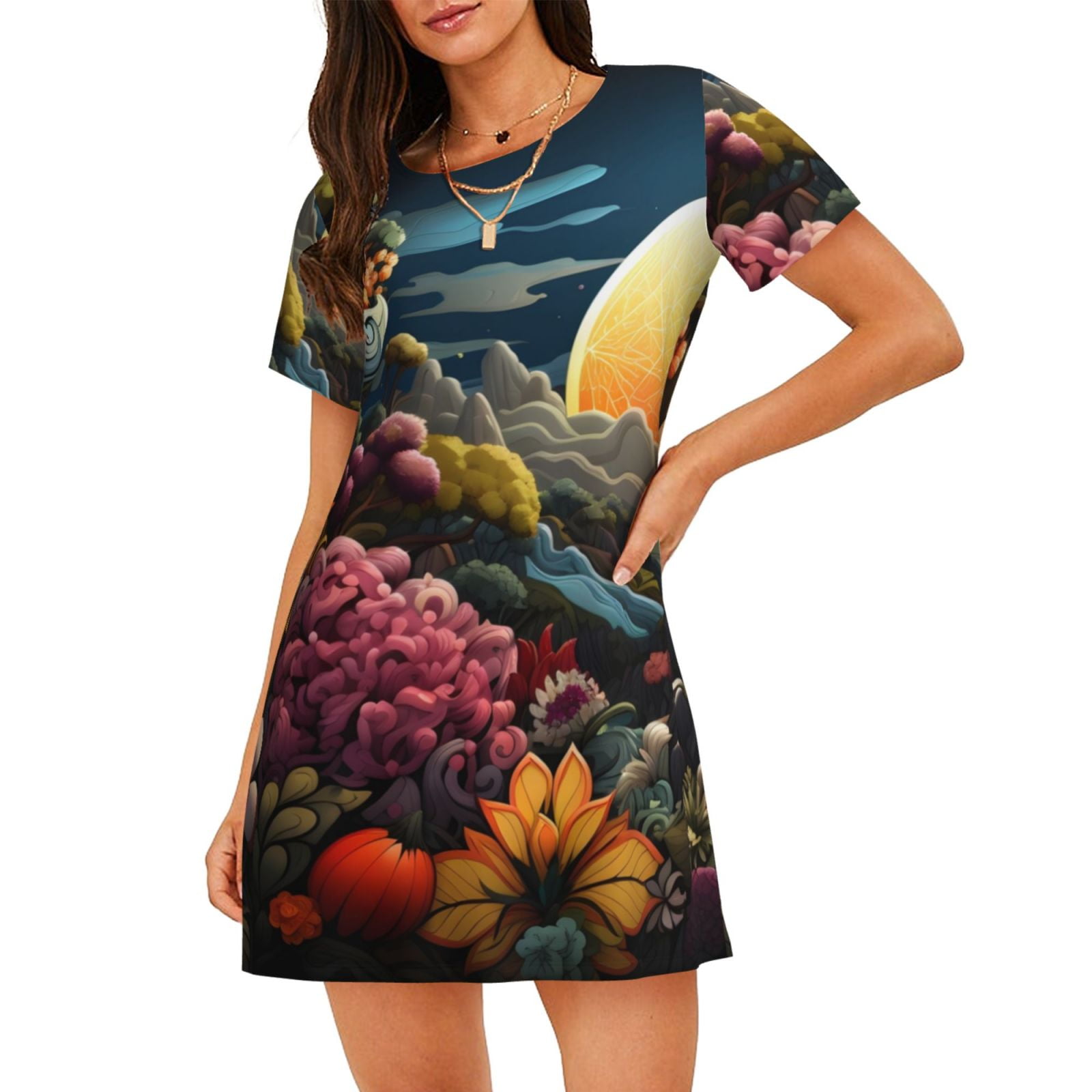 Gukieu Sunset Floral Fantasy Landscape Print Women's Nightgown, A-line ...