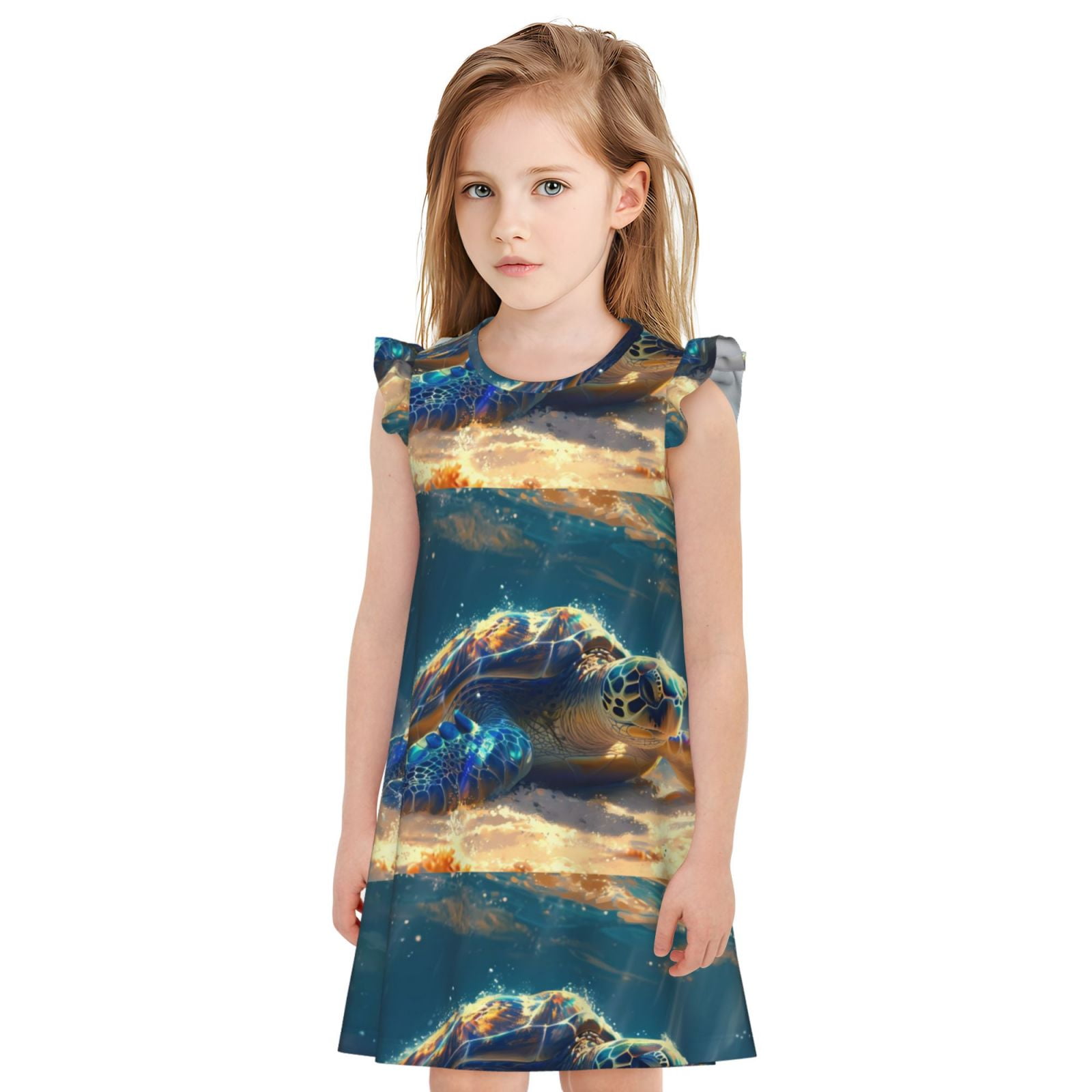 Gukieu Sunshine Underwater Sand Turtle Print Girls' Flying Sleeves ...