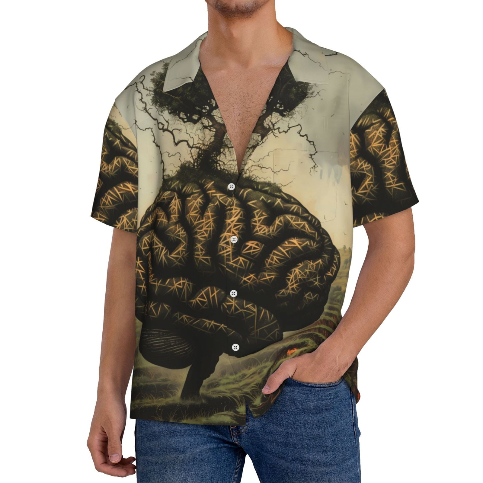 Gukieu Surreal Brain Tree Print Men's Short-sleeved Shirts, Button-down ...