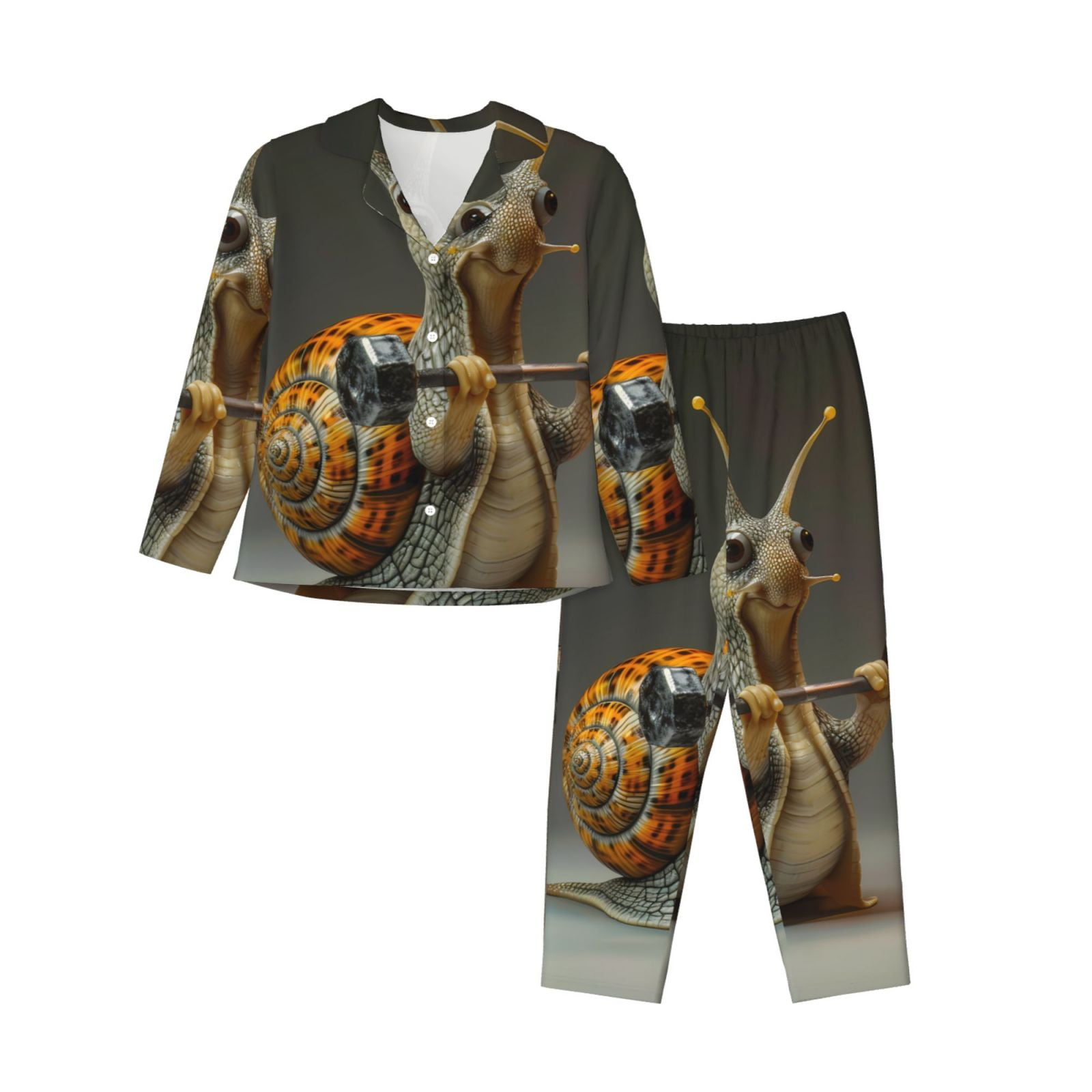 Gukieu Surreal Weightlifting Snail Print Women's Long Sleeve Pajama Set ...