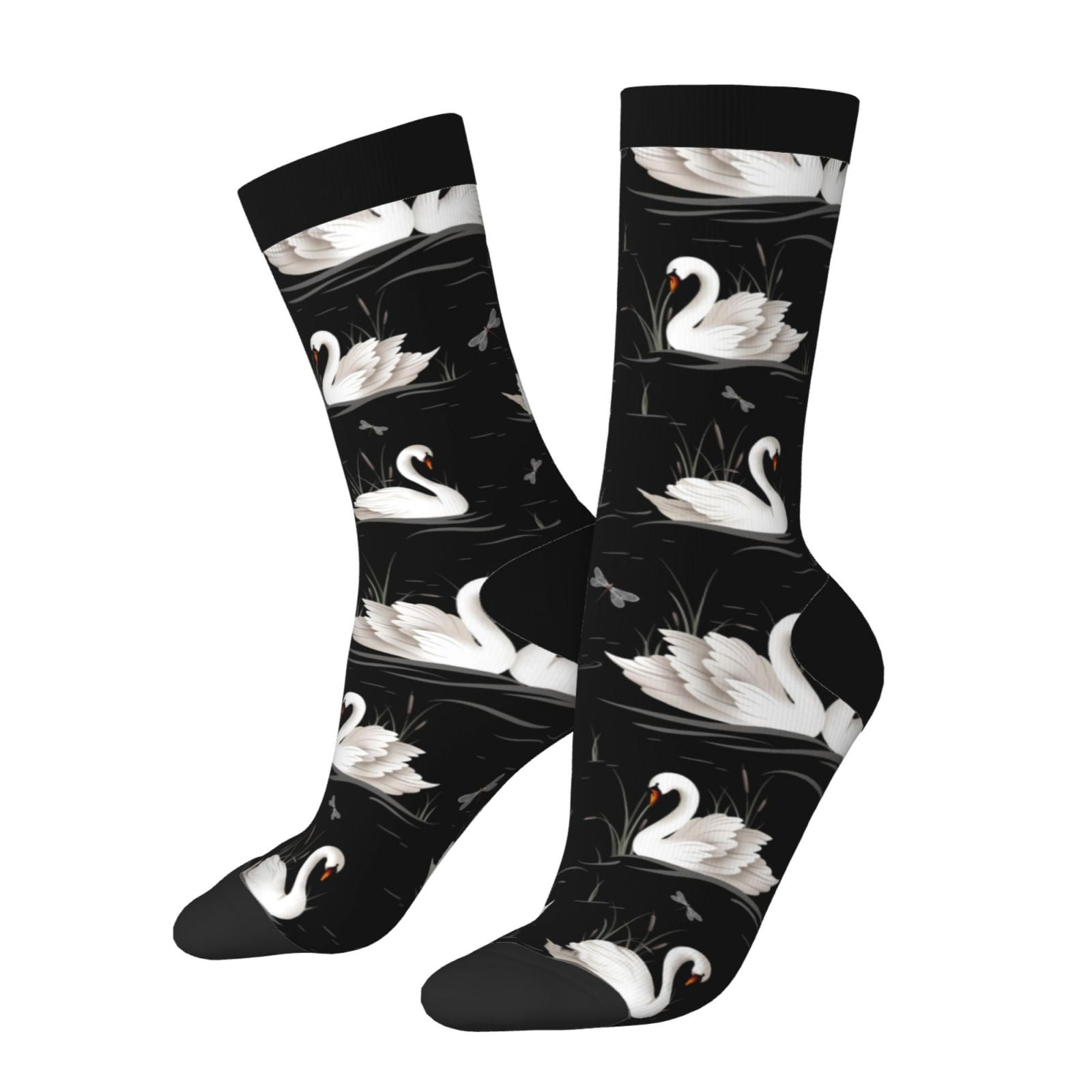 Gukieu Swan And Dragonflies Print Contrast Color Mid-calf Socks, Sweat ...