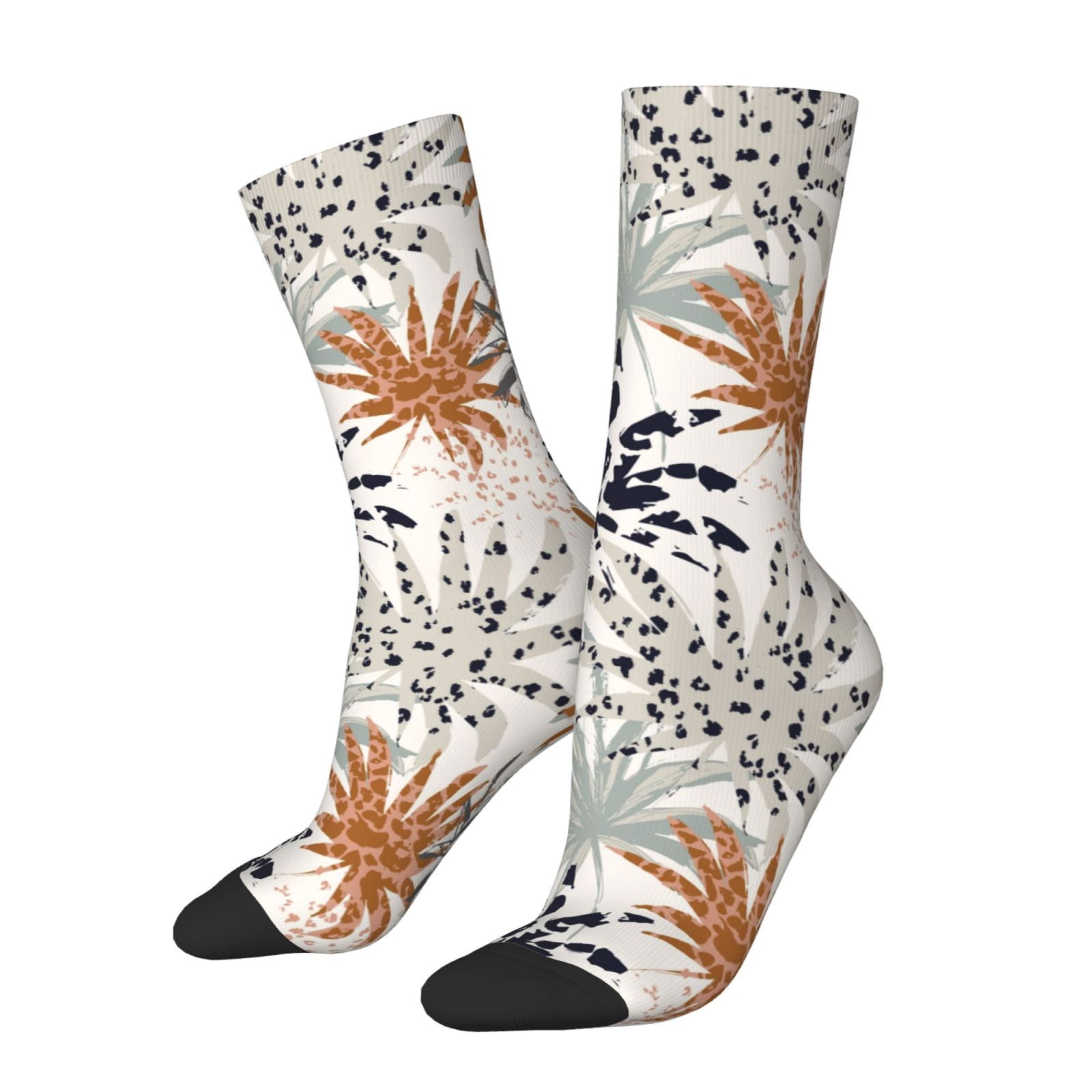 Gukieu Tropical Leaves Print Contrast Color Mid-calf Socks, Sweat ...