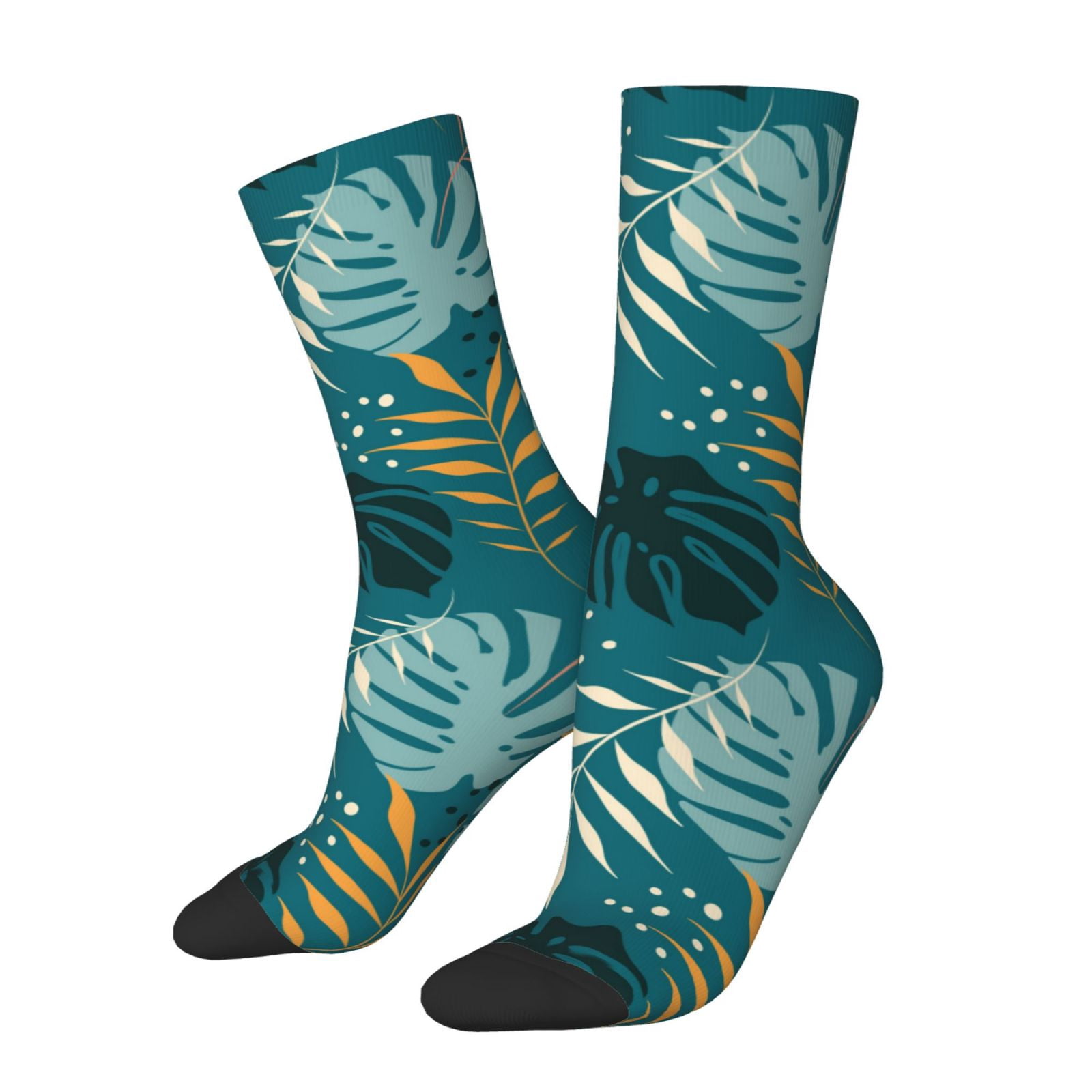 Gukieu Tropical Leaves Print Contrast Color Mid-calf Socks, Sweat ...
