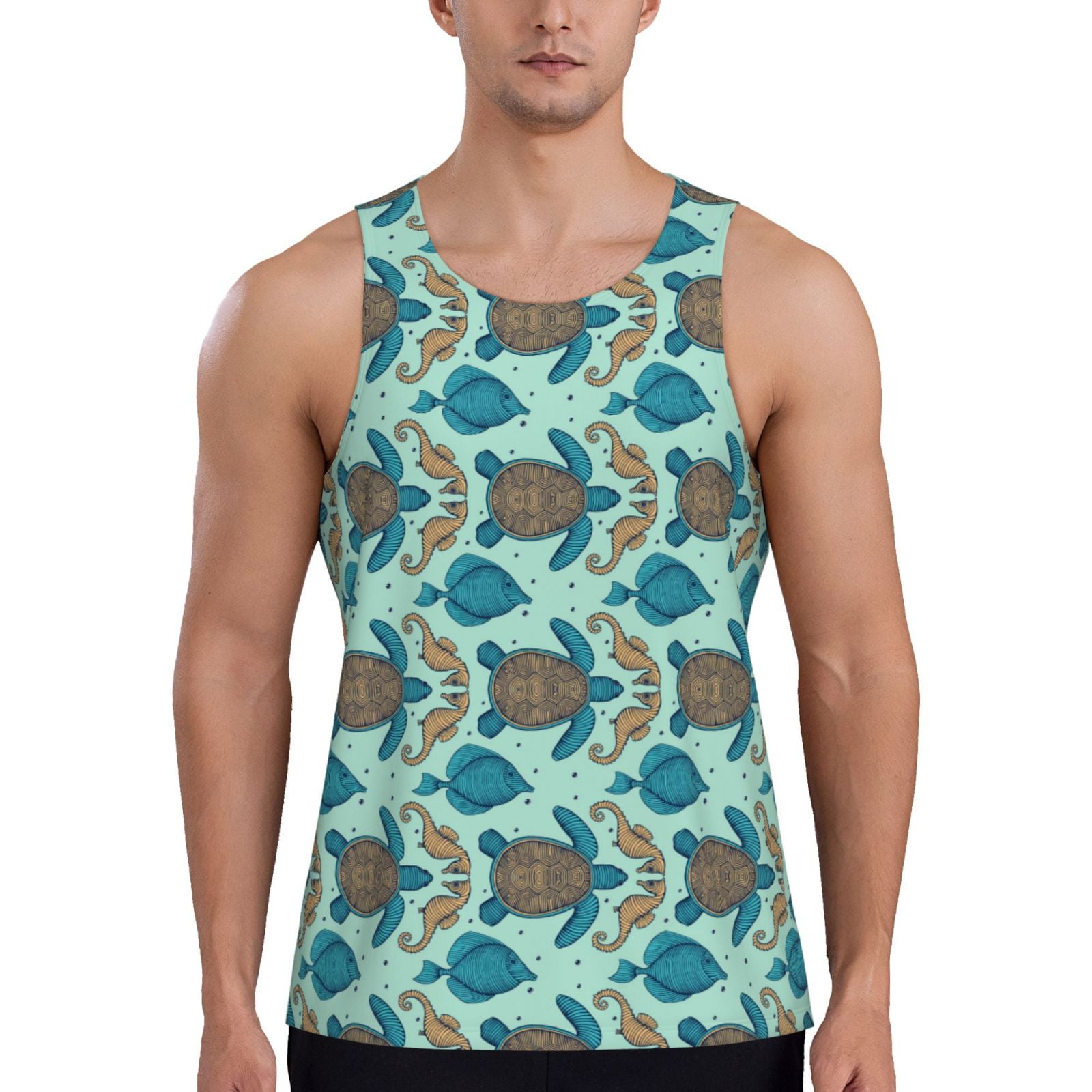 Gukieu Turtles And Seahorses Print Men's Quick Dry Fitness Vest, Round ...