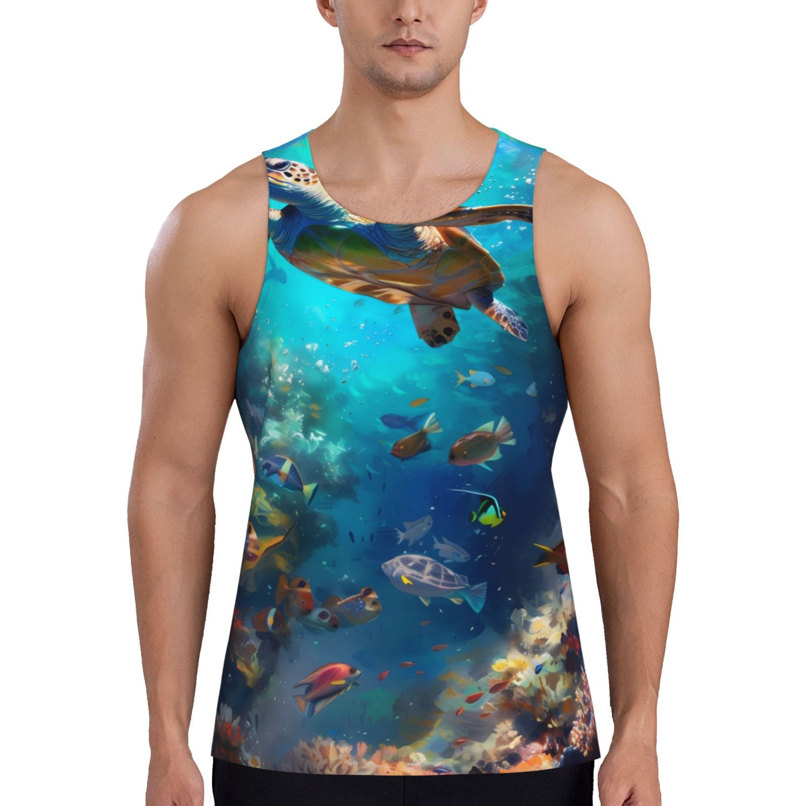 Gukieu Underwater Fish Turtle Print Men's Quick Dry Fitness Vest, Round ...