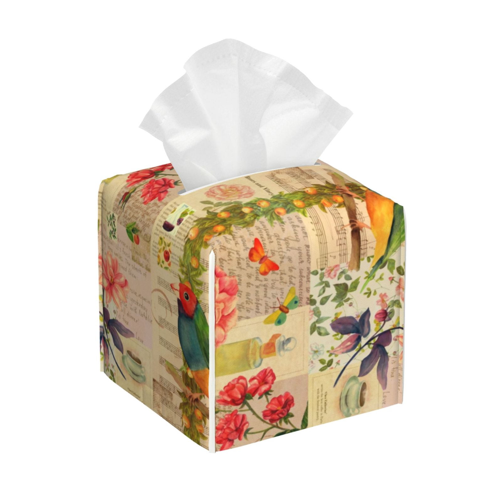 Gukieu Vintage Bird Print Leather Tissue Box, PVC Waterproof Velcro ...