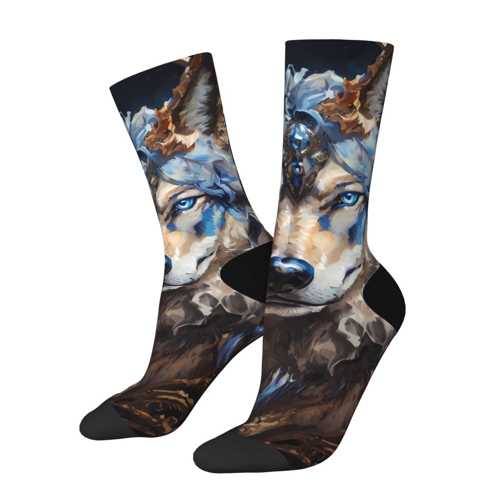 Gukieu Vintage Blue Floral Wolf Print Contrast Color Mid-calf Socks ...