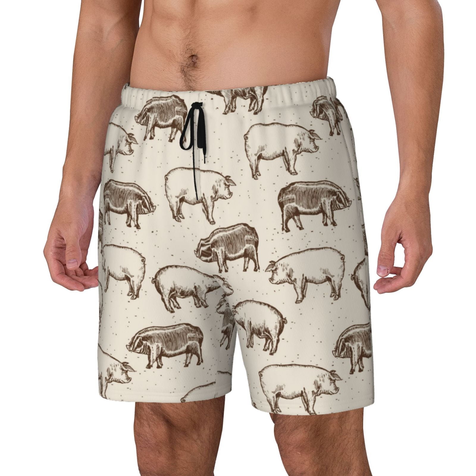 Gukieu Vintage Farm Pigs Print Men's Double Layer Sports Swim Trunks ...
