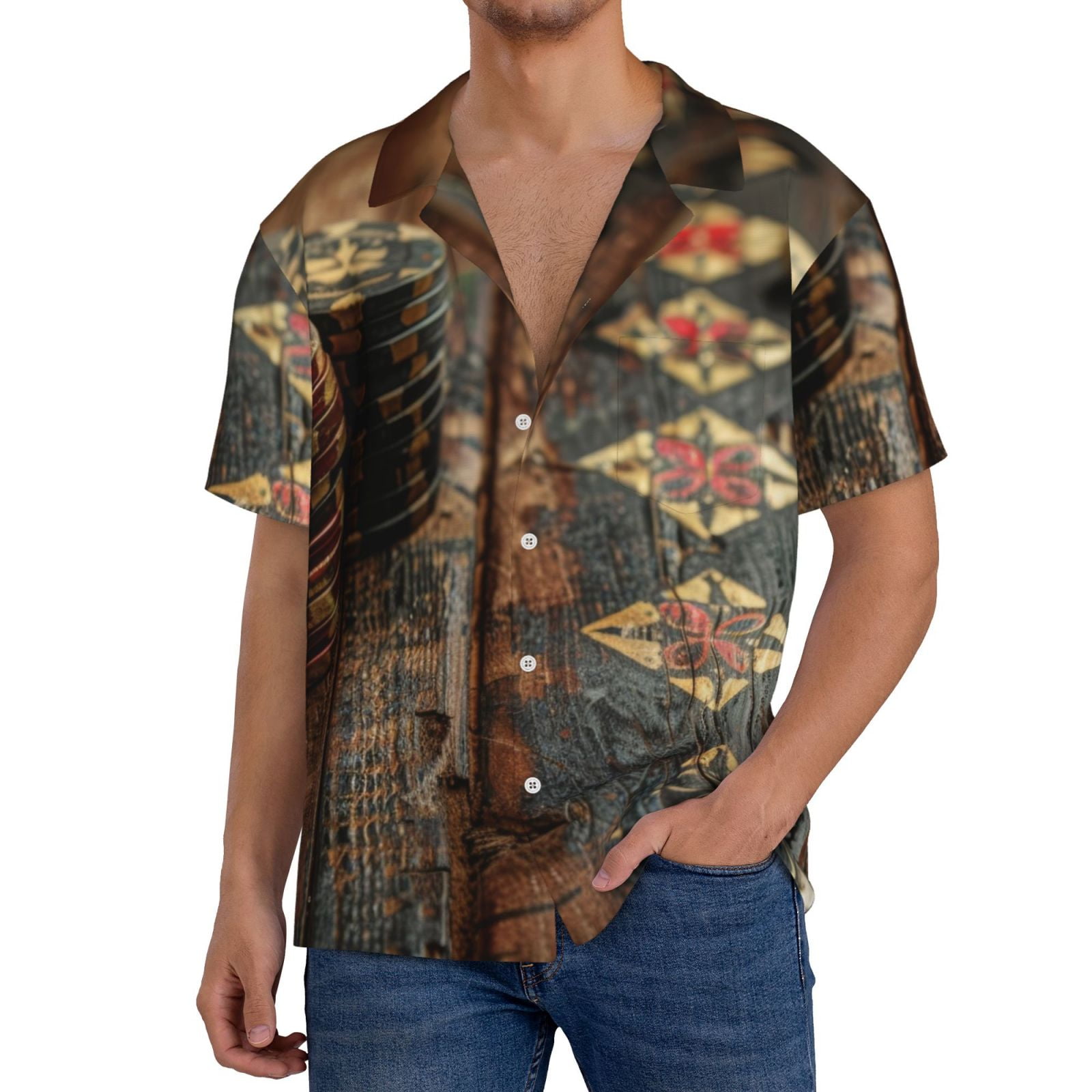 Gukieu Vintage Poker Chips Print Men's Short-sleeved Shirts, Button ...