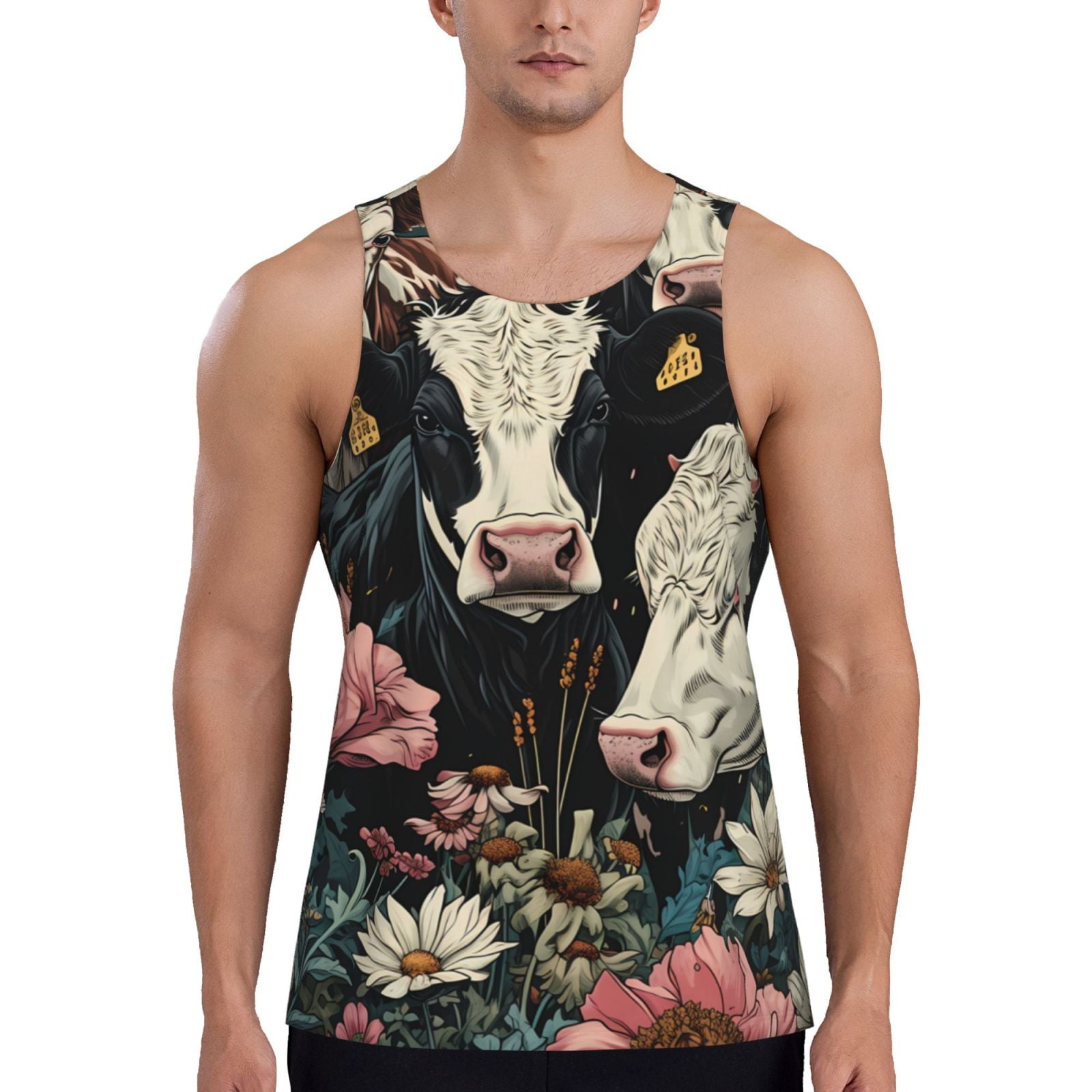 Gukieu Vintage Sunflower Cow Print Men's Quick Dry Fitness Vest, Round ...