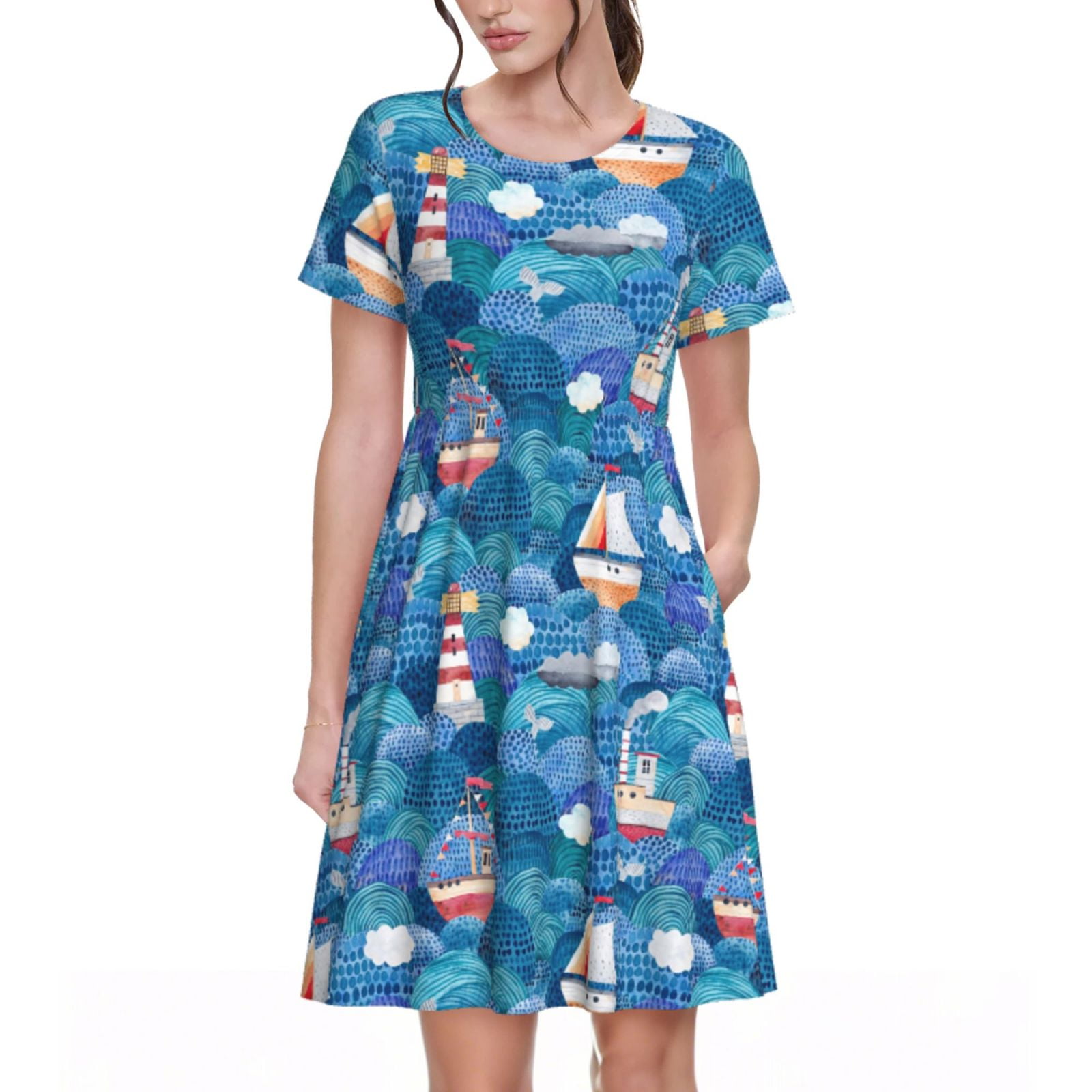 Gukieu Watercolor Ships Print Women's Short Sleeve Dress, Elastic ...