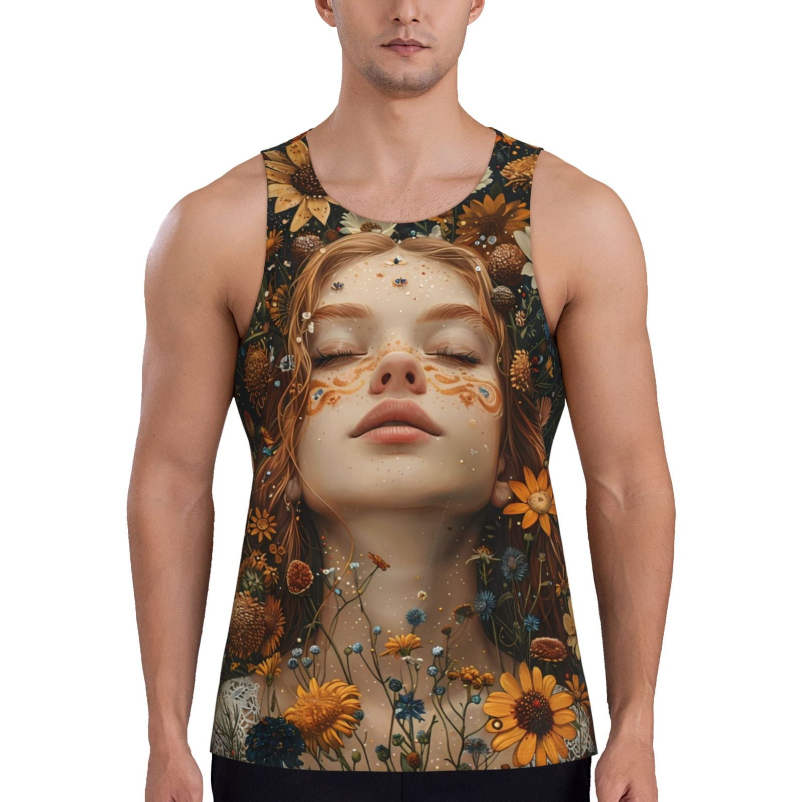 Gukieu Whimsical Flower Crown Maiden Print Men's Quick Dry Fitness Vest, Round Neck Sleeveless ...