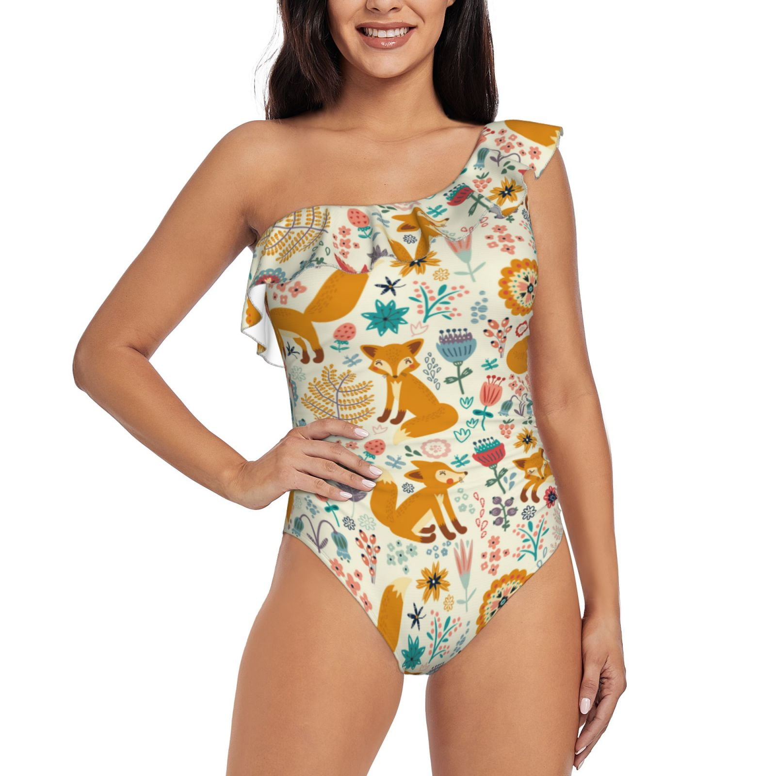 Gukieu Whimsical Fox Floral Garden Print One-shoulder Ruffled One-piece Swimsuit with Removable ...