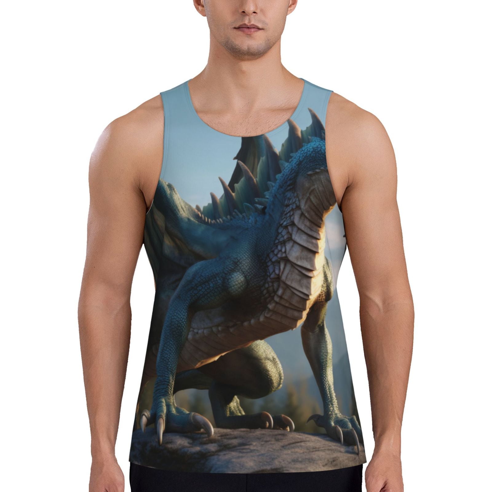 Gukieu Wild Blue Cool Dragon Print Men's Quick Dry Fitness Vest, Round ...