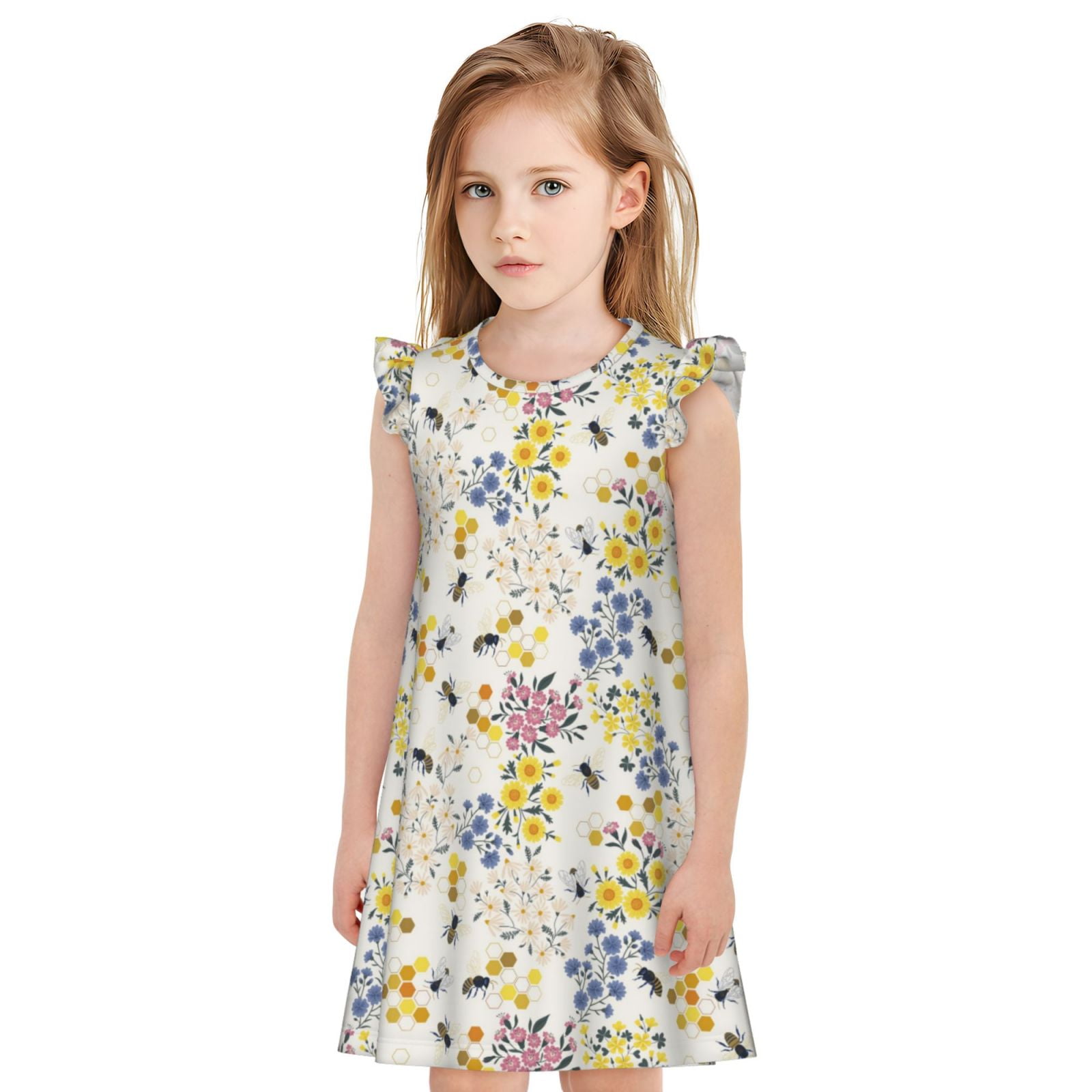 Gukieu Wildflower Honeybee Print Girls' Flying Sleeves Nightdress ...