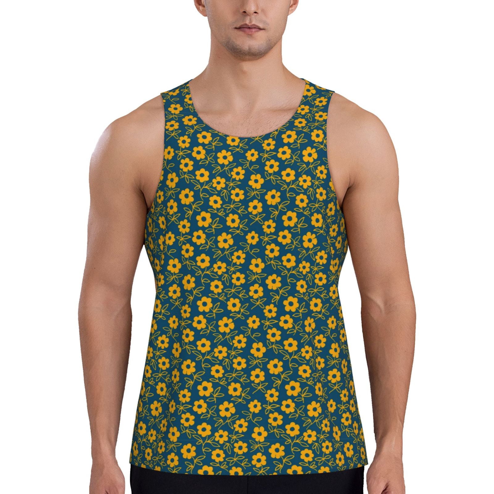 Gukieu Yellow Floral Print Men's Quick Dry Fitness Vest, Round Neck ...