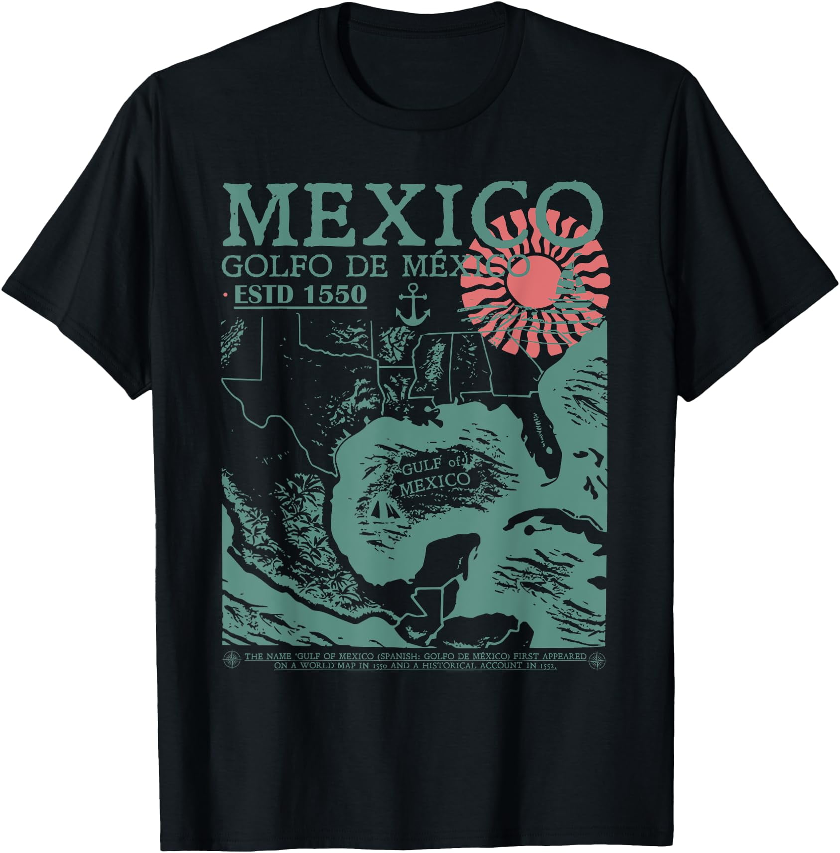 Gulf of Mexico 1550 Historic Map Golfo de Mexico Gulf Coast T-Shirt,Black tee - Walmart.com