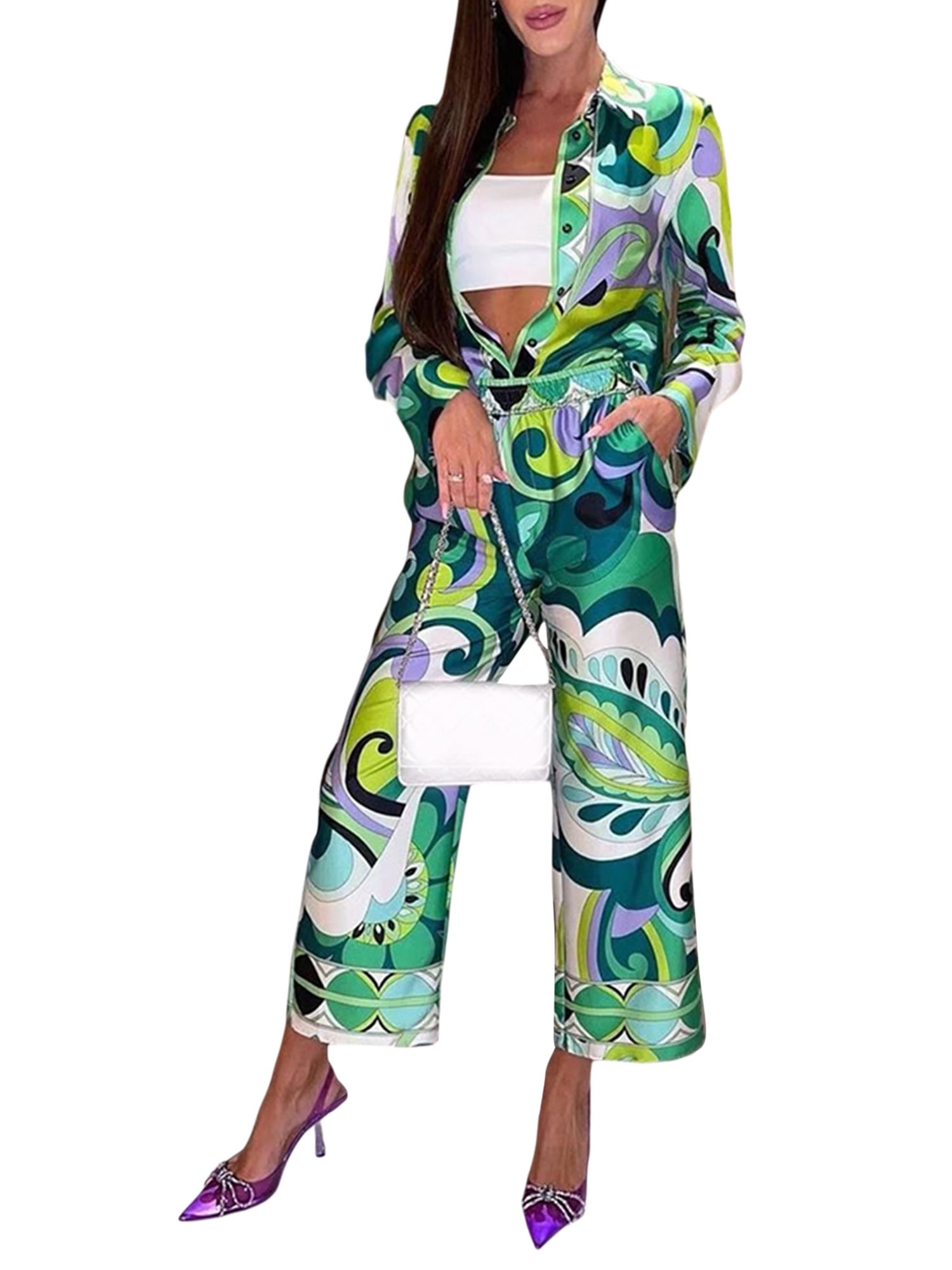 GuliriFei Women 2 Piece Plisse Set Outfit Casual Long Sleeve Abstract ...