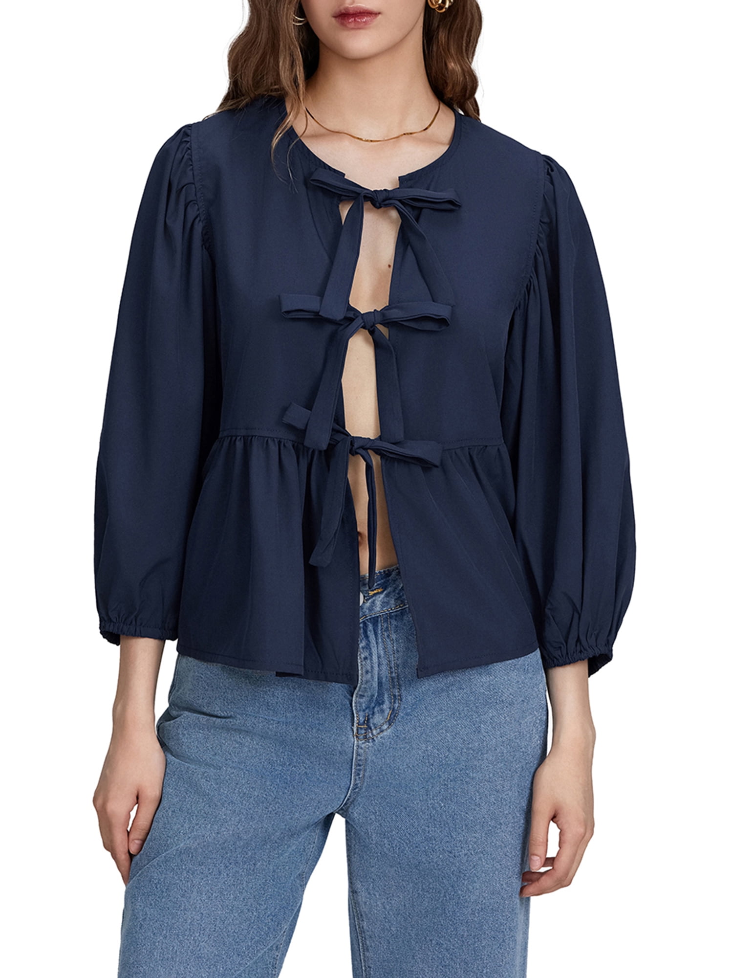 GuliriFei Women Teen Girls Y2K Puff Short Sleeve Peplum Shirts Tie ...