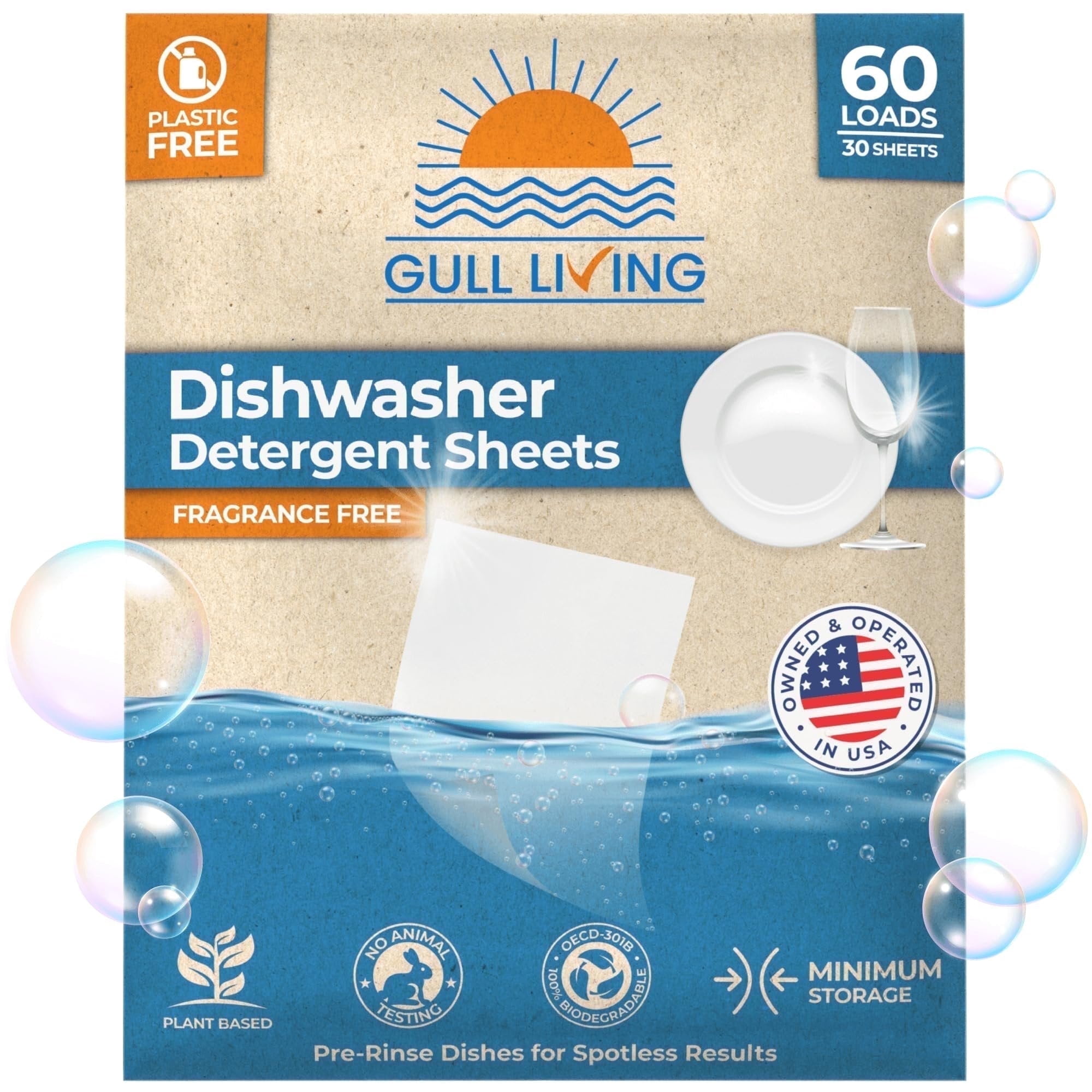 Gull Living Fragrance-Free Dishwasher Detergent Sheets 30 Count, 60 ...