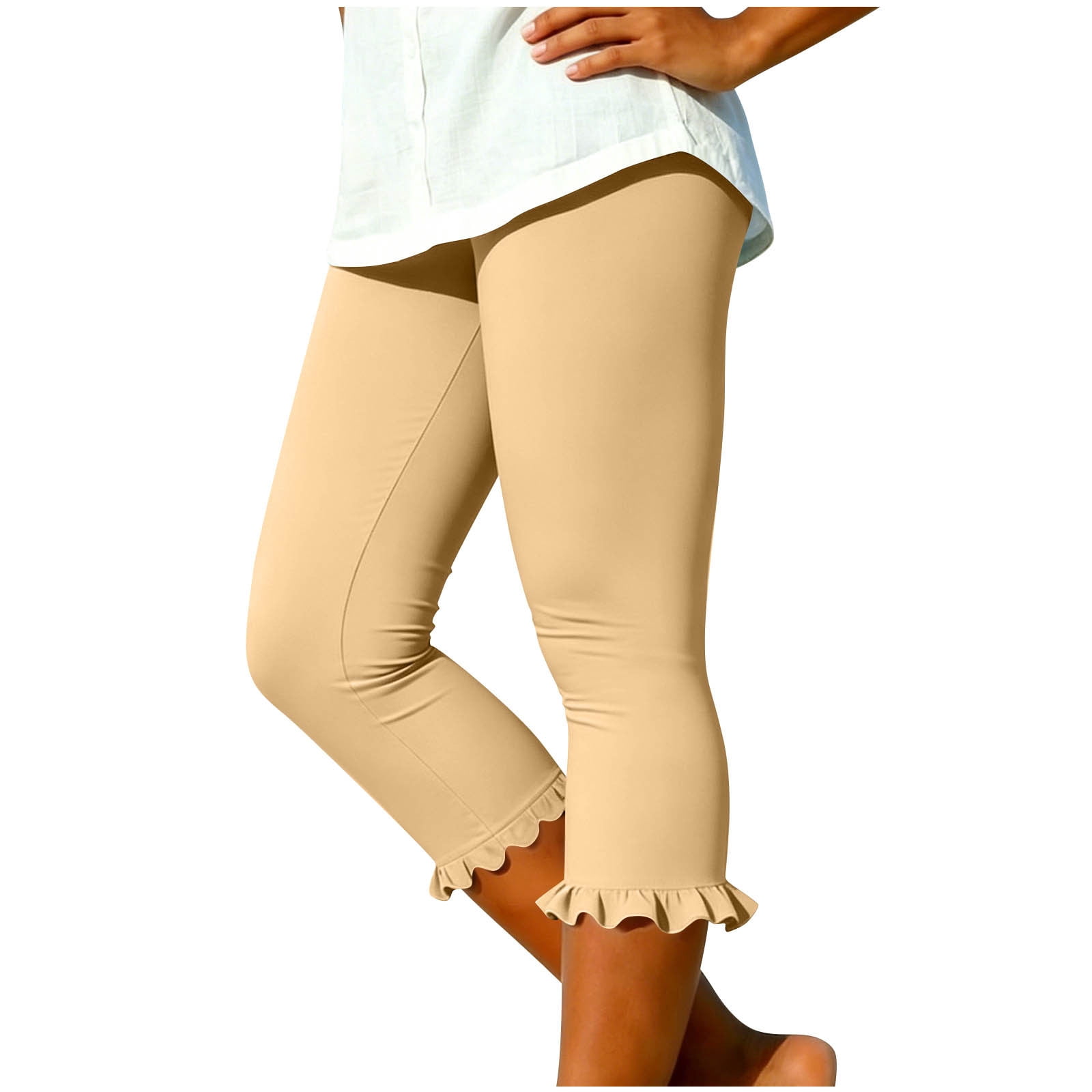 Guluxicc Capri Yoga Pants for Women Elastic Waist Ruffle Hem Leggings ...