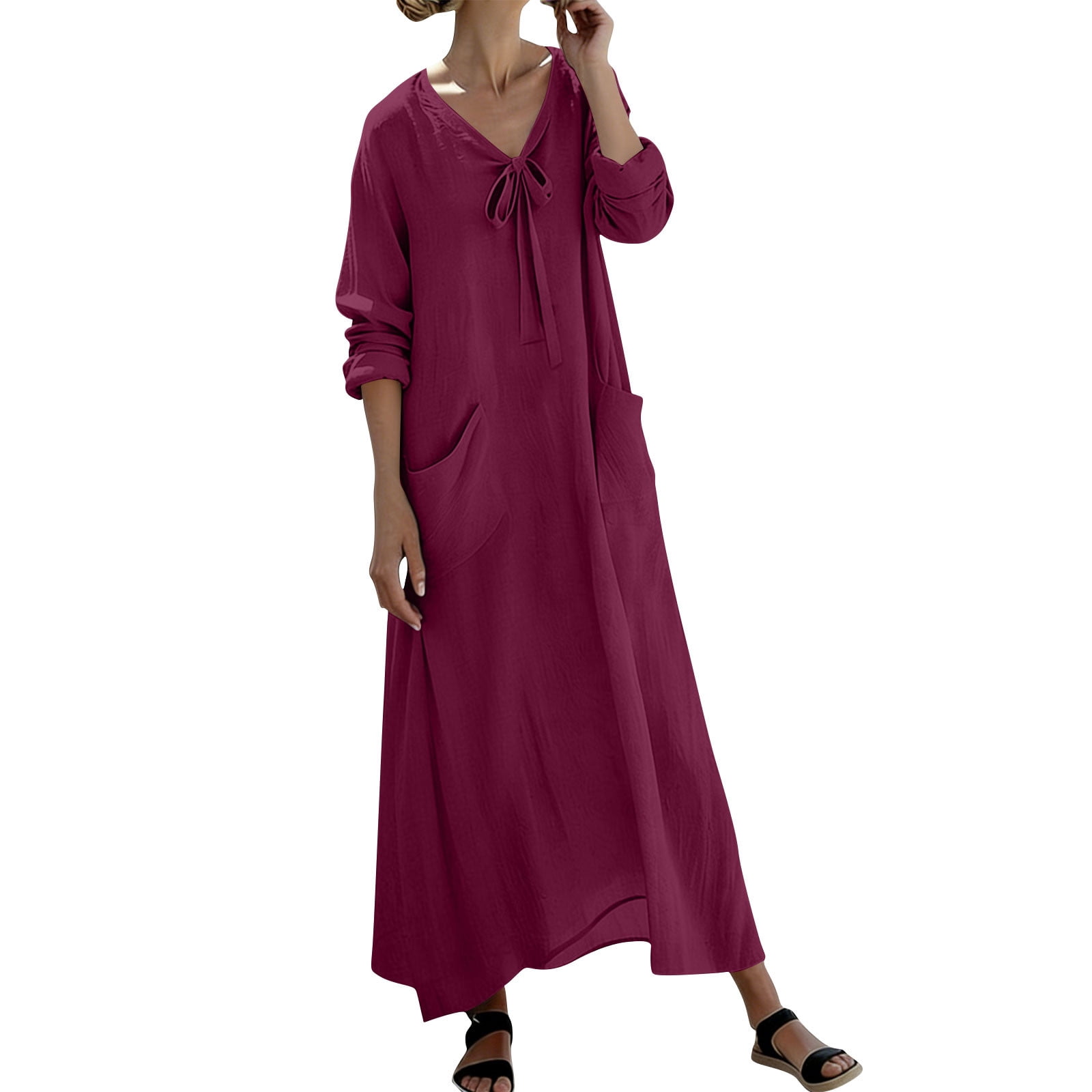 Guluxicc Linen Maxi Dress for Women V Neck Tie Long Roll Tab Sleeve ...