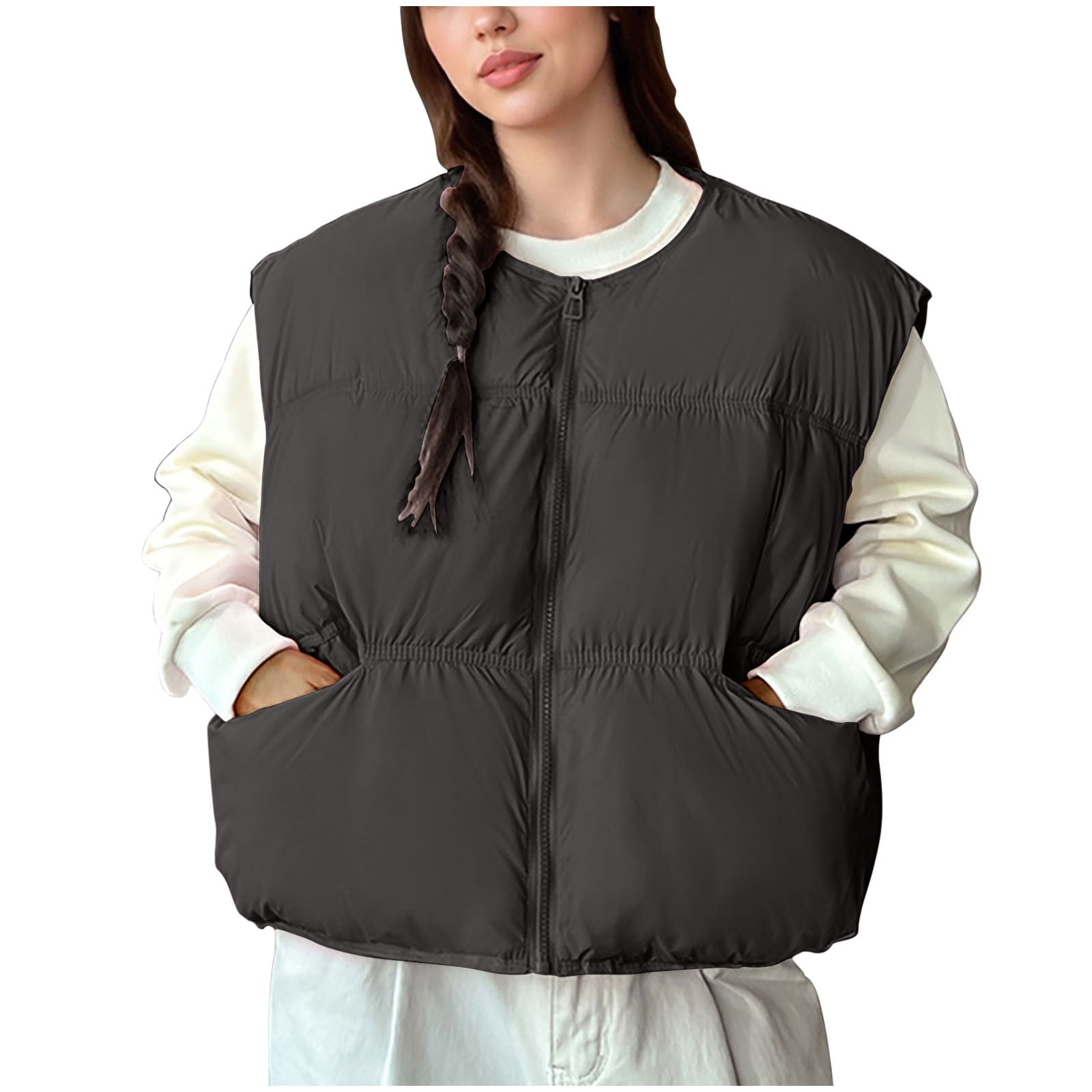 Guluxicc Women's Vest Casual Lightweight Crew Neck Sleeveless Jacket ...