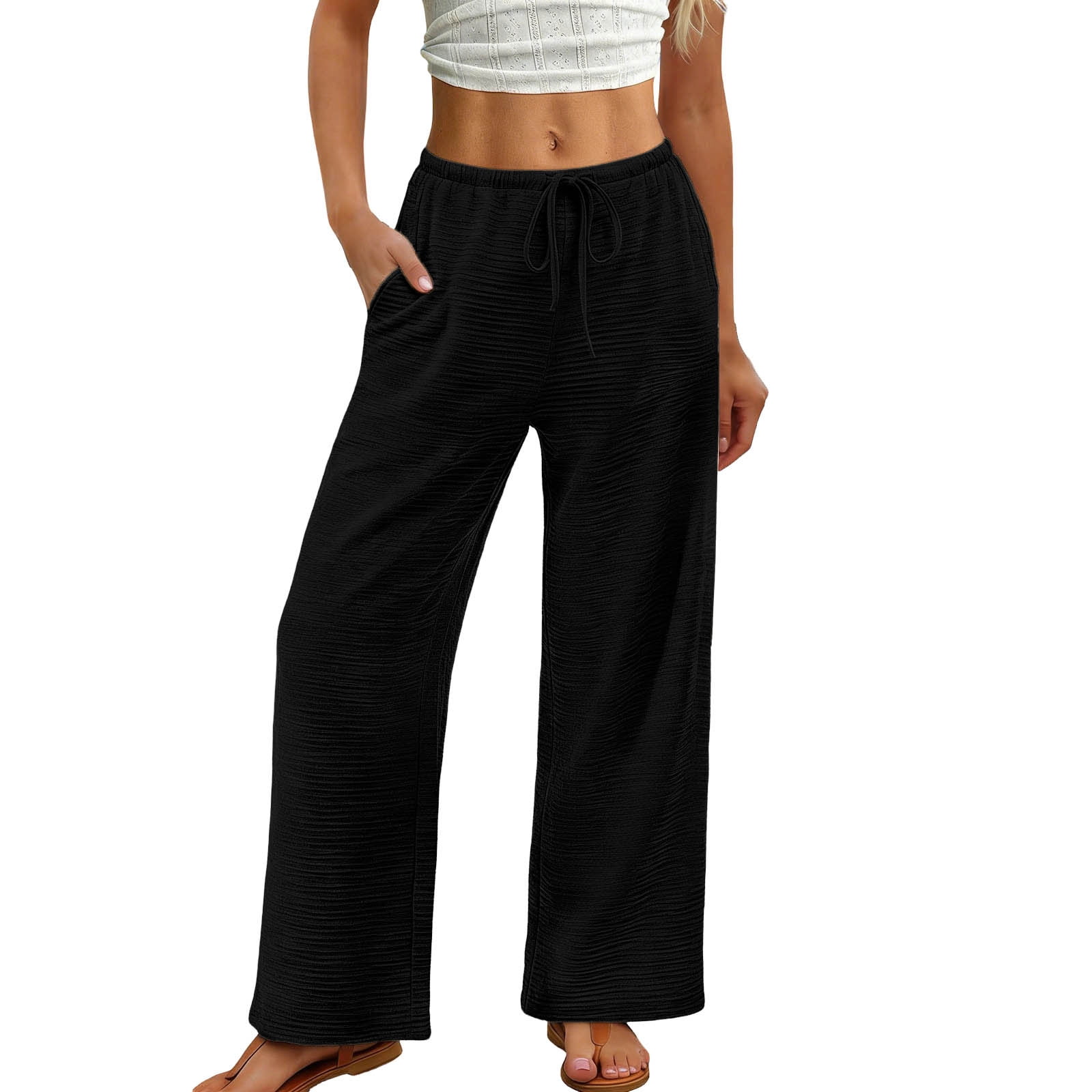 Guluxicc Womens Casual Loose Pants Elastic Waist Straight Wide Leg ...